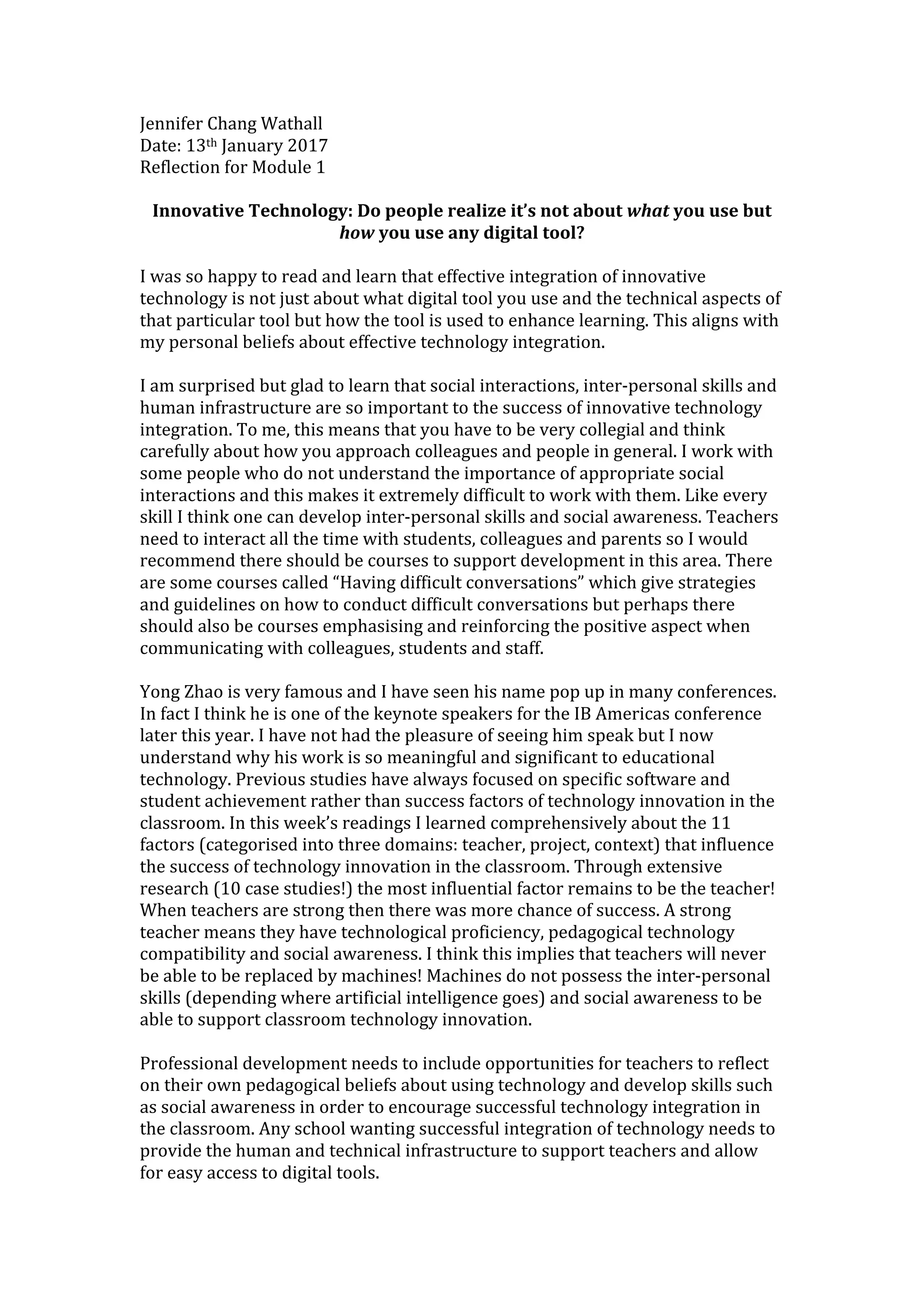 Reflection module 1 jennifer chang wathall | PDF