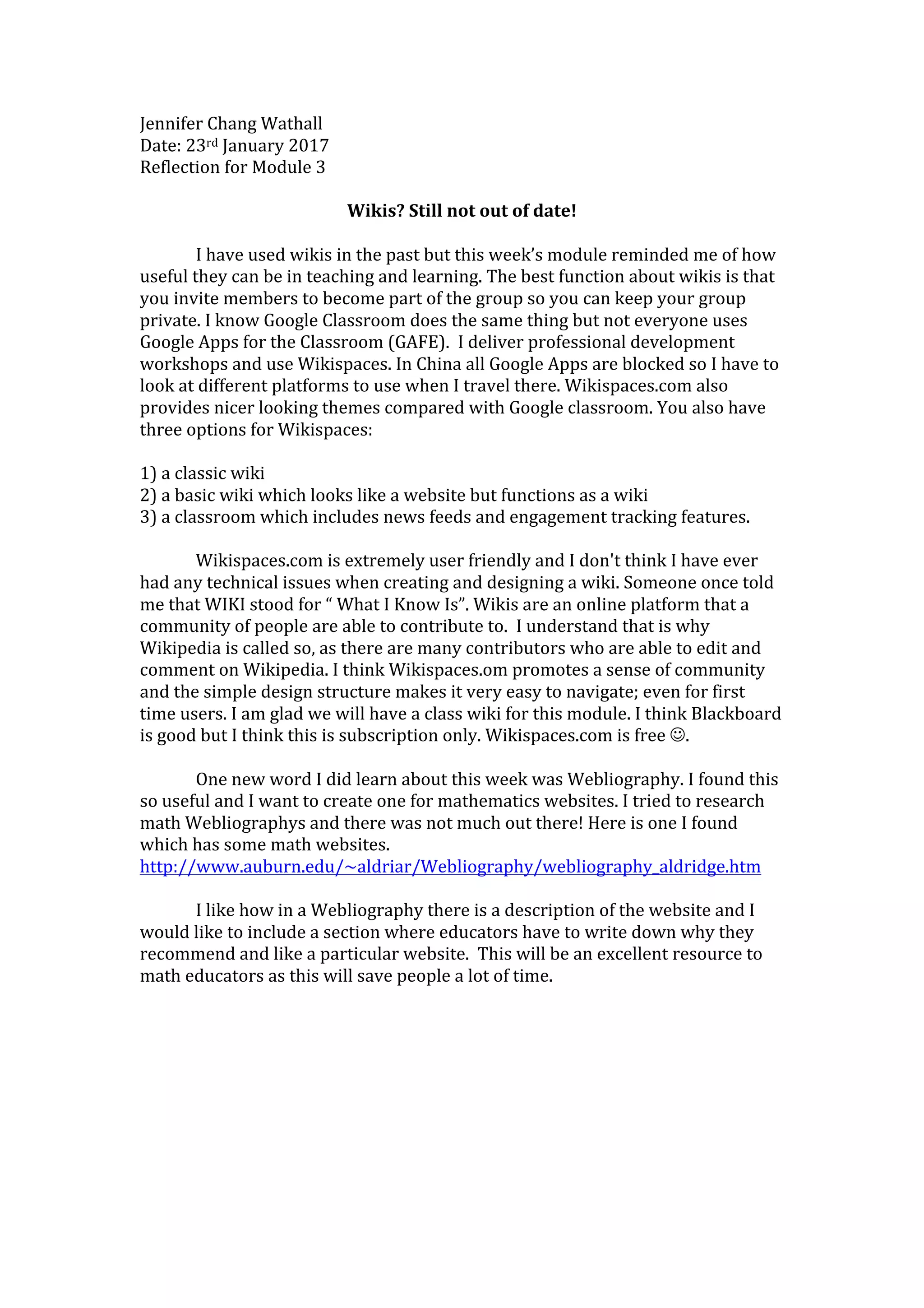 Reflection module 3 jennifer chang wathall | PDF