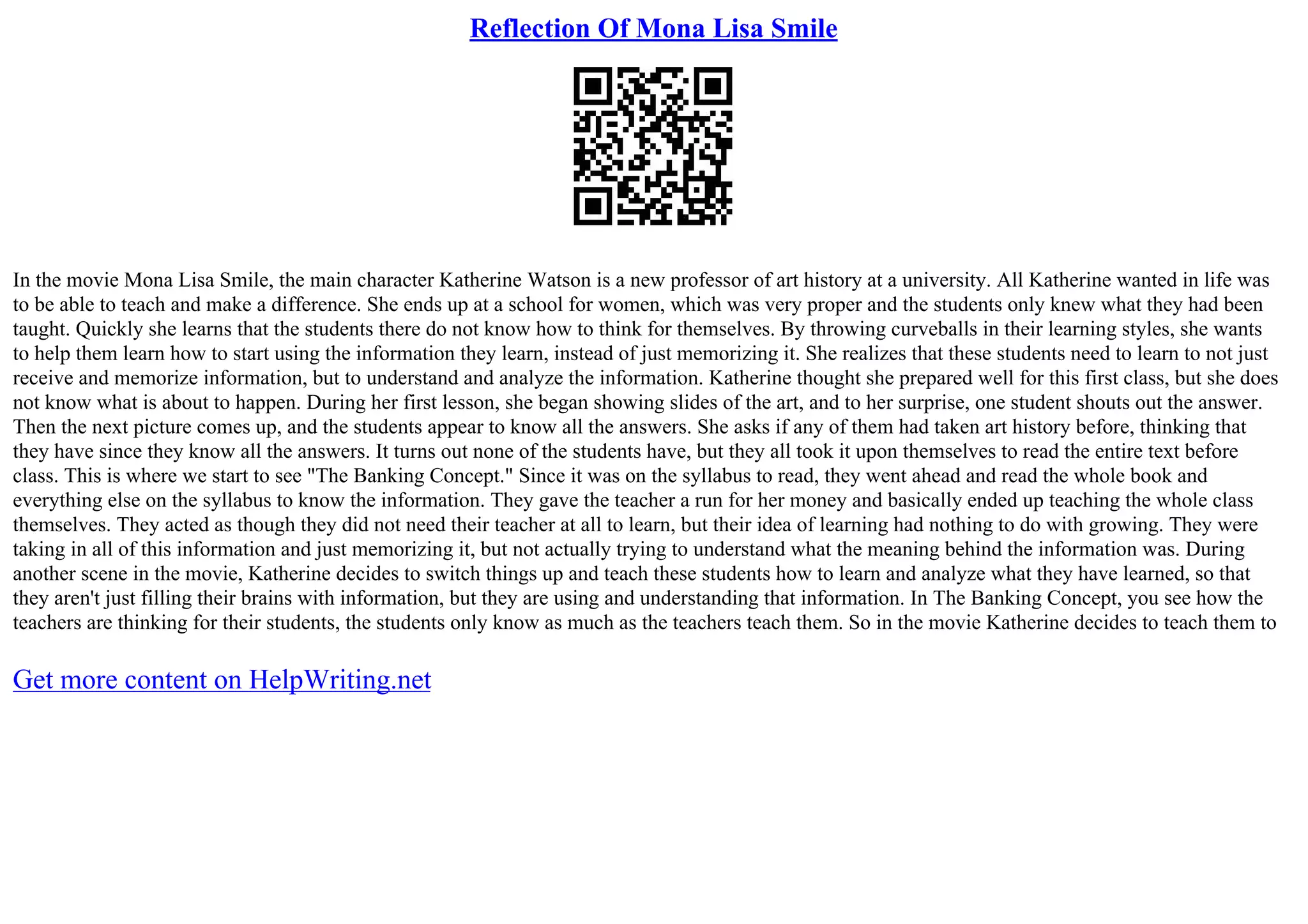 Reflection Of Mona Lisa Smile | PDF
