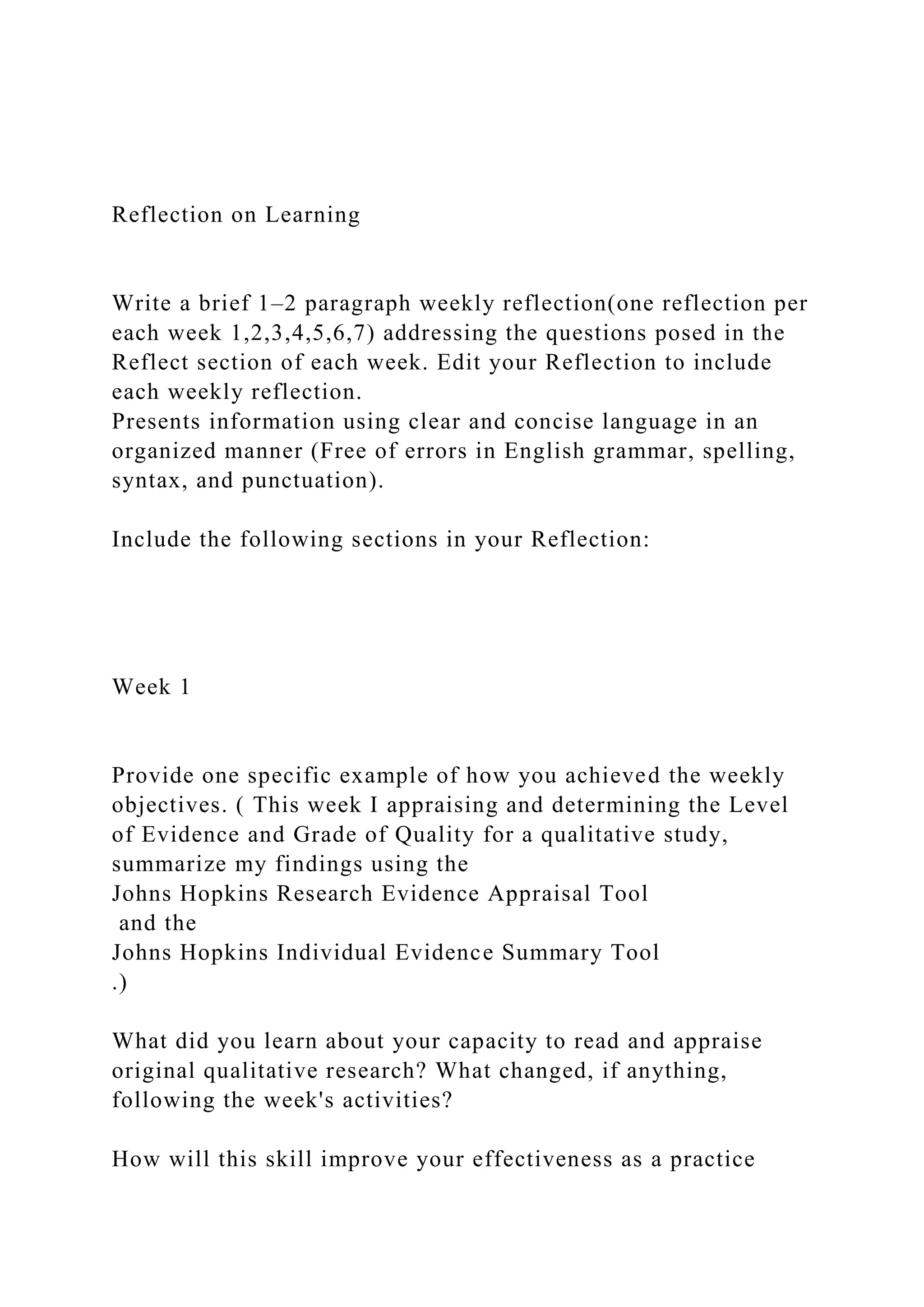 Reflection on LearningWrite a brief 1–2 paragraph weekly r | PDF
