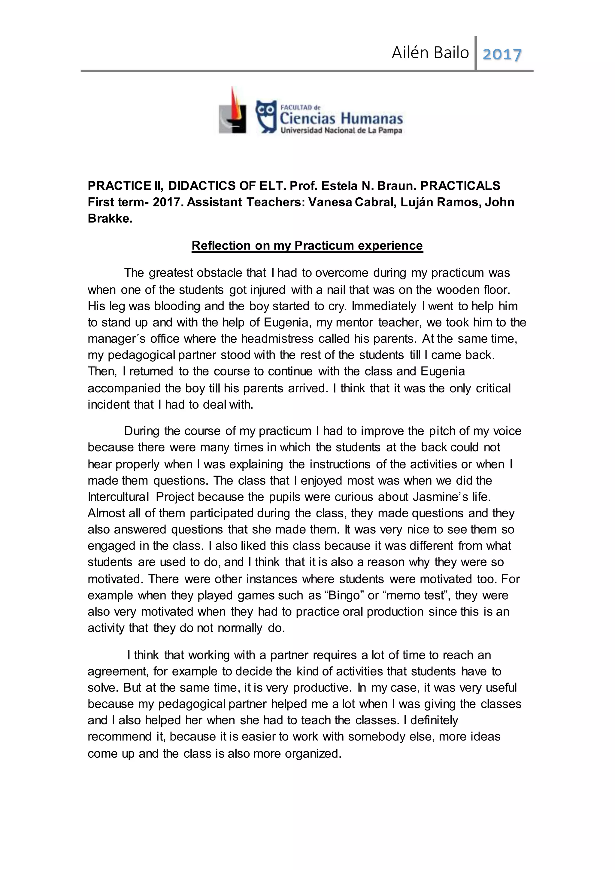 Reflection on my practicum experience ailen bailo | DOCX