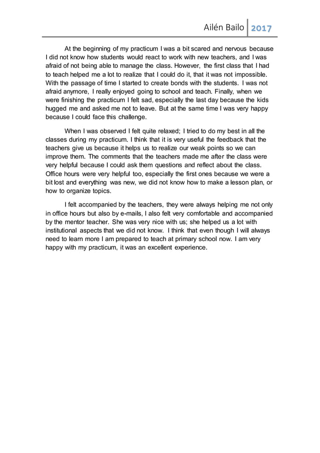 Reflection on my practicum experience ailen bailo | DOCX