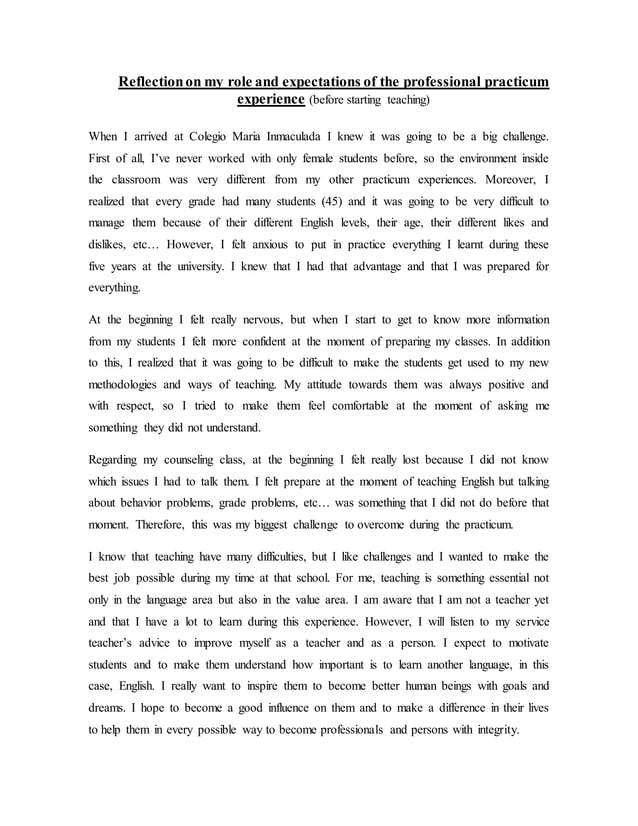 Reflection on my role and expectations of the professional practicum experience | DOCX