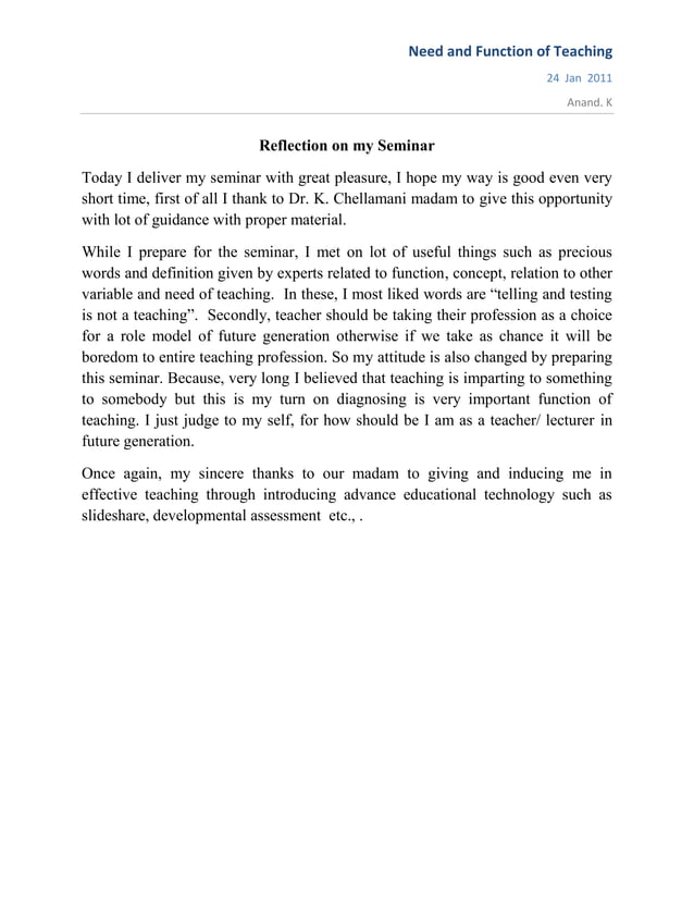 Reflection on my seminar ANAND | DOCX | Educational Assessment | Education