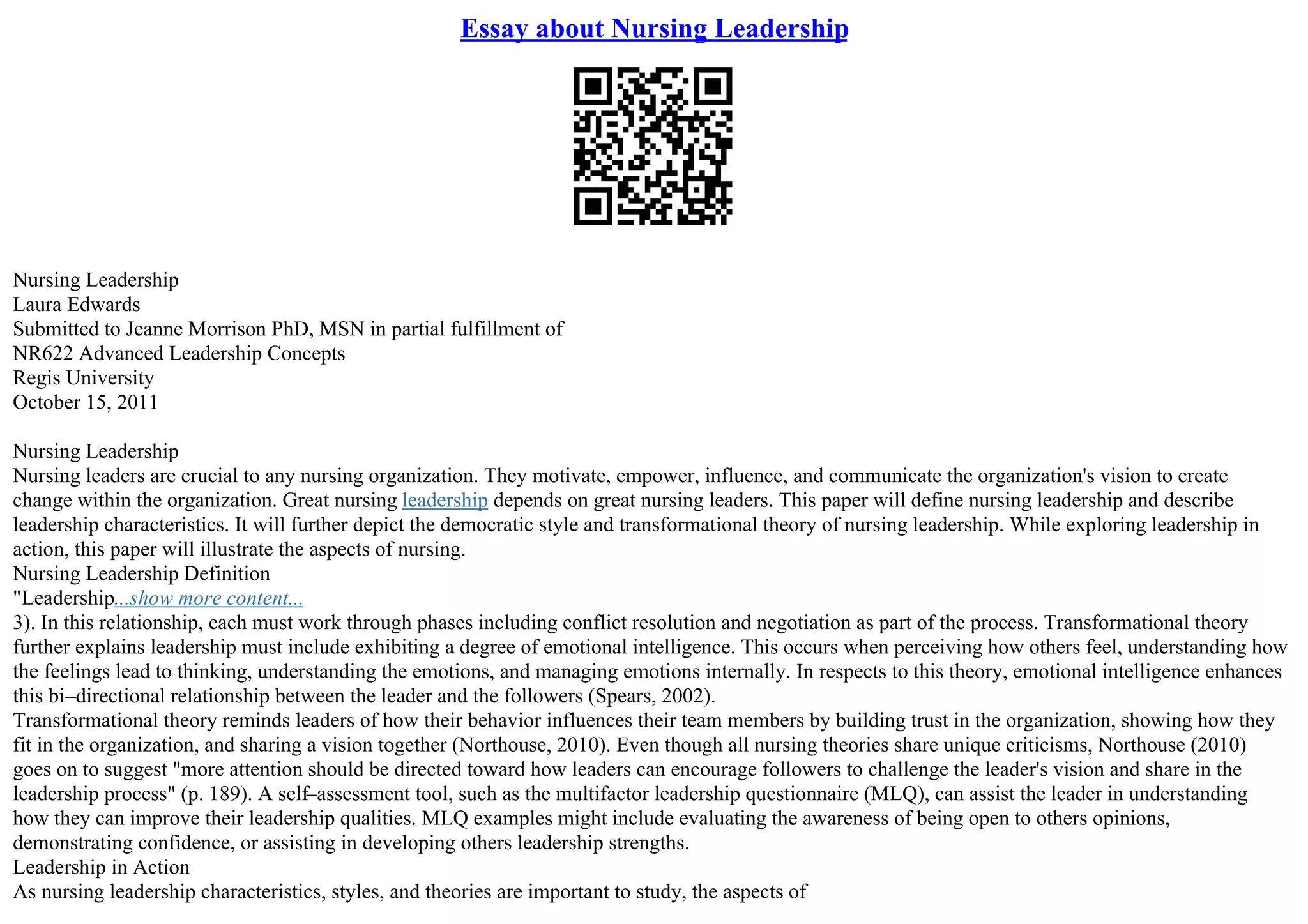 Reflection On Nursing Leadership | PDF