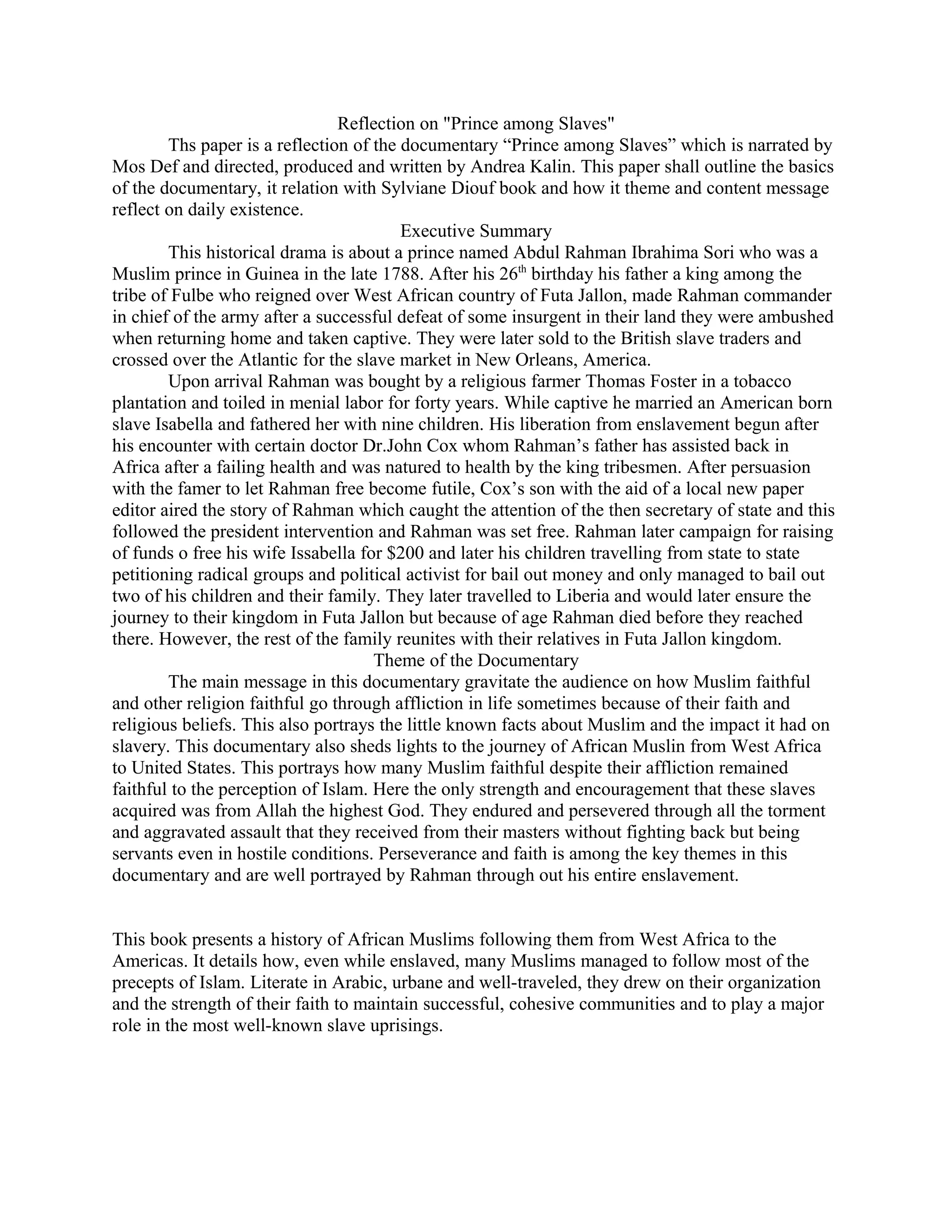 Reflection on prince among slaves | DOC