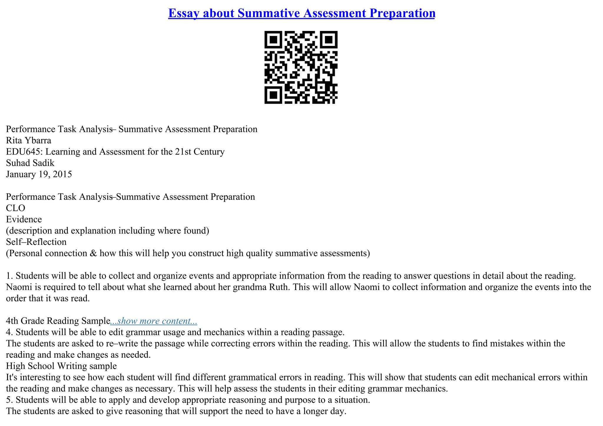 Reflection On Summative Assessment | PDF