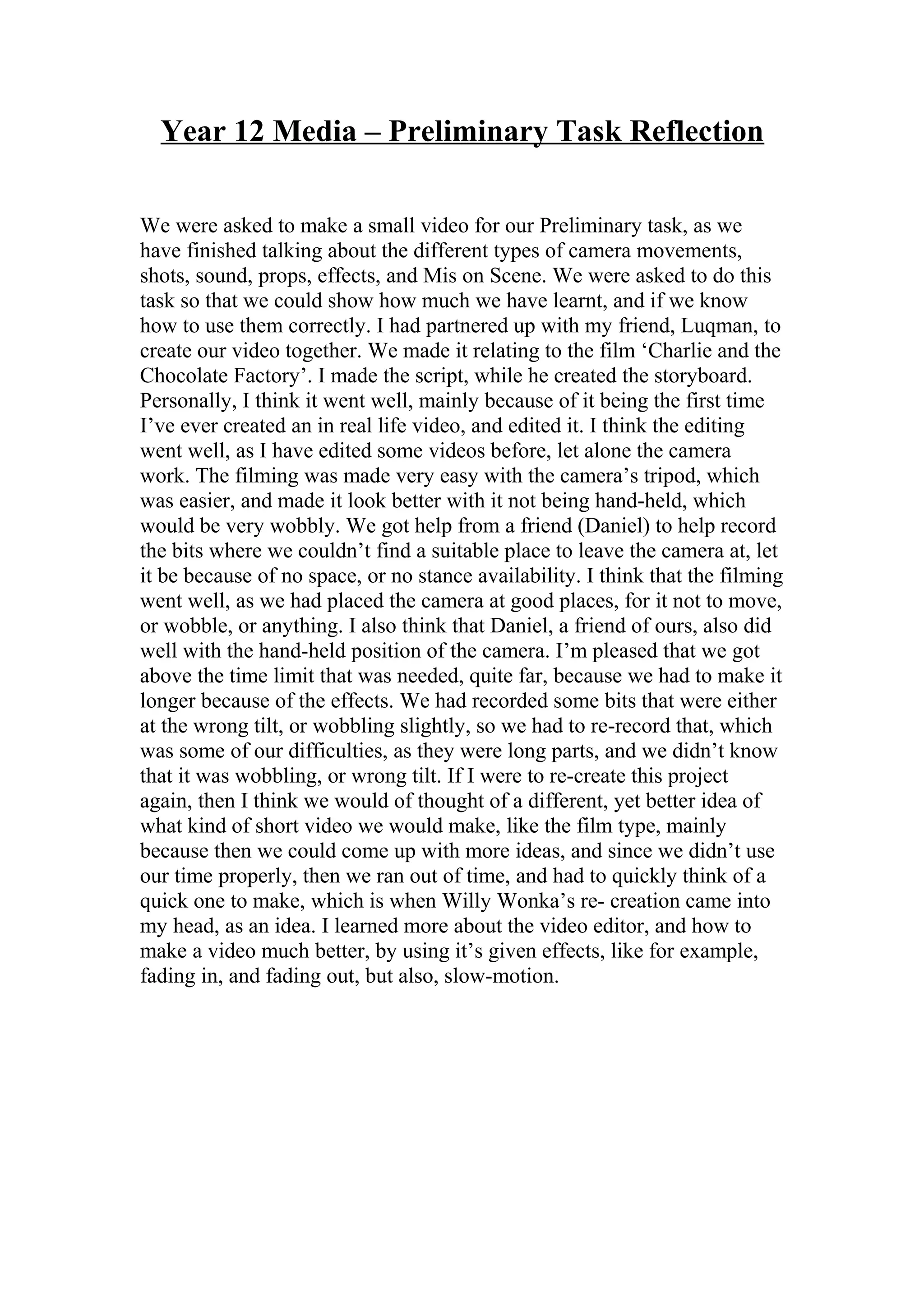 Reflection on Willy Wonka Preliminary Task | DOC