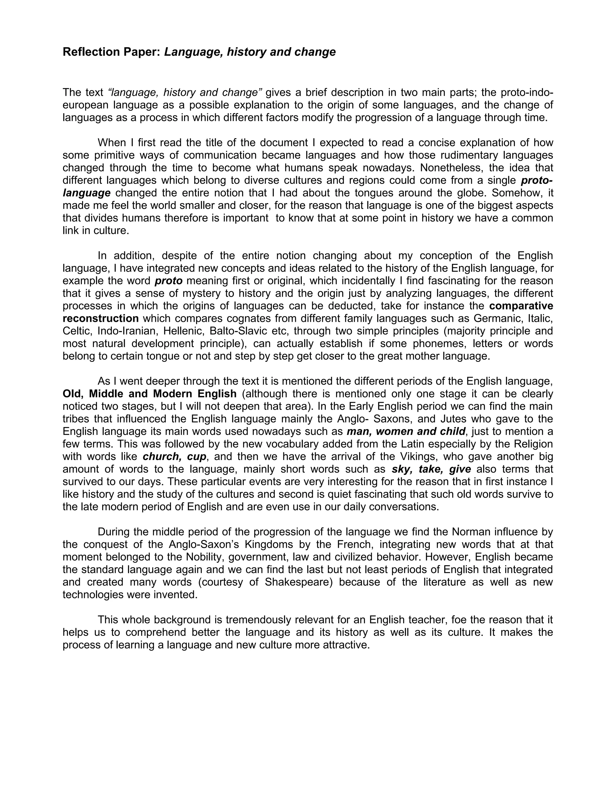 Reflection paper 1 language, history and change | DOC