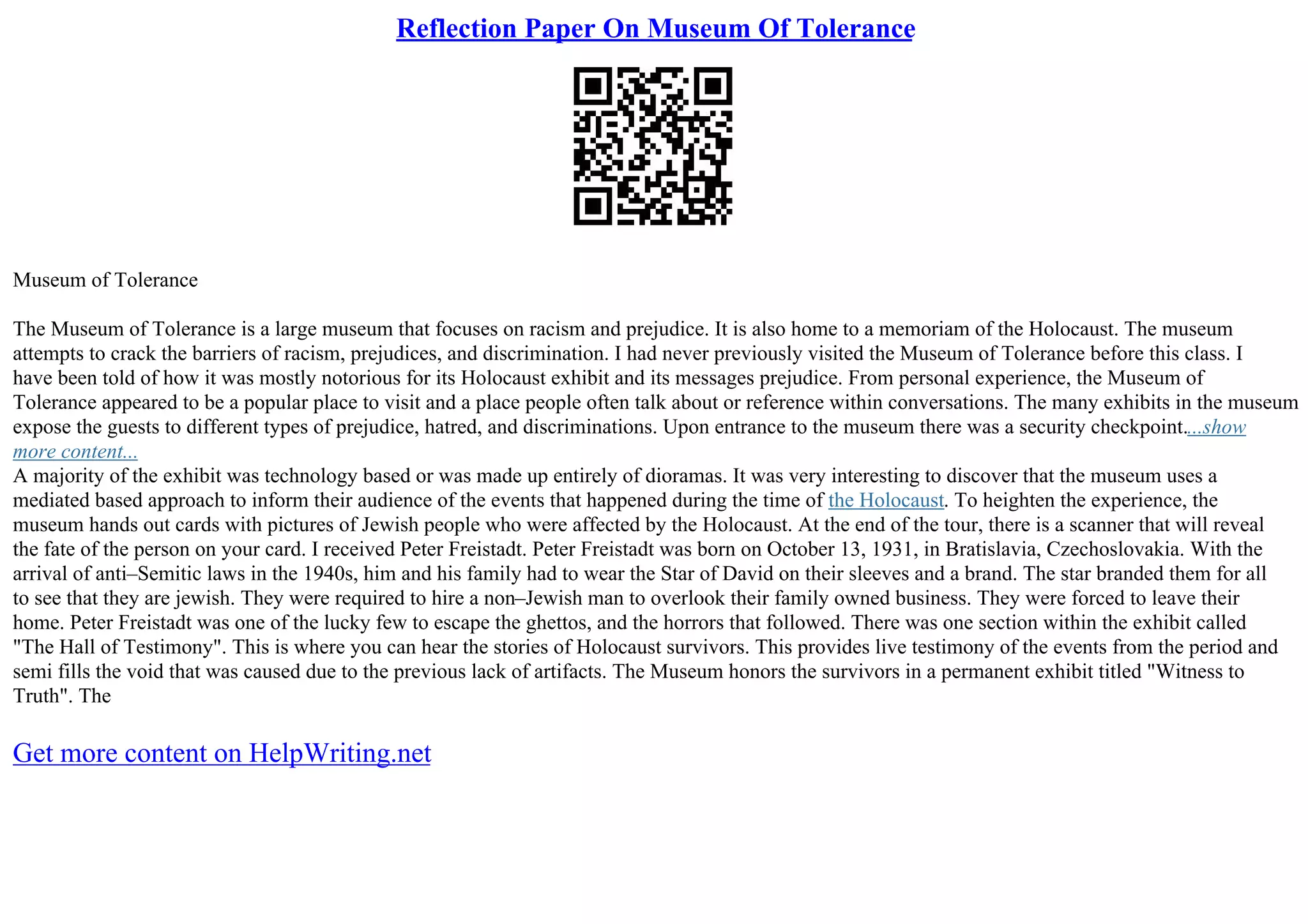 Reflection Paper On Museum Of Tolerance | PPT