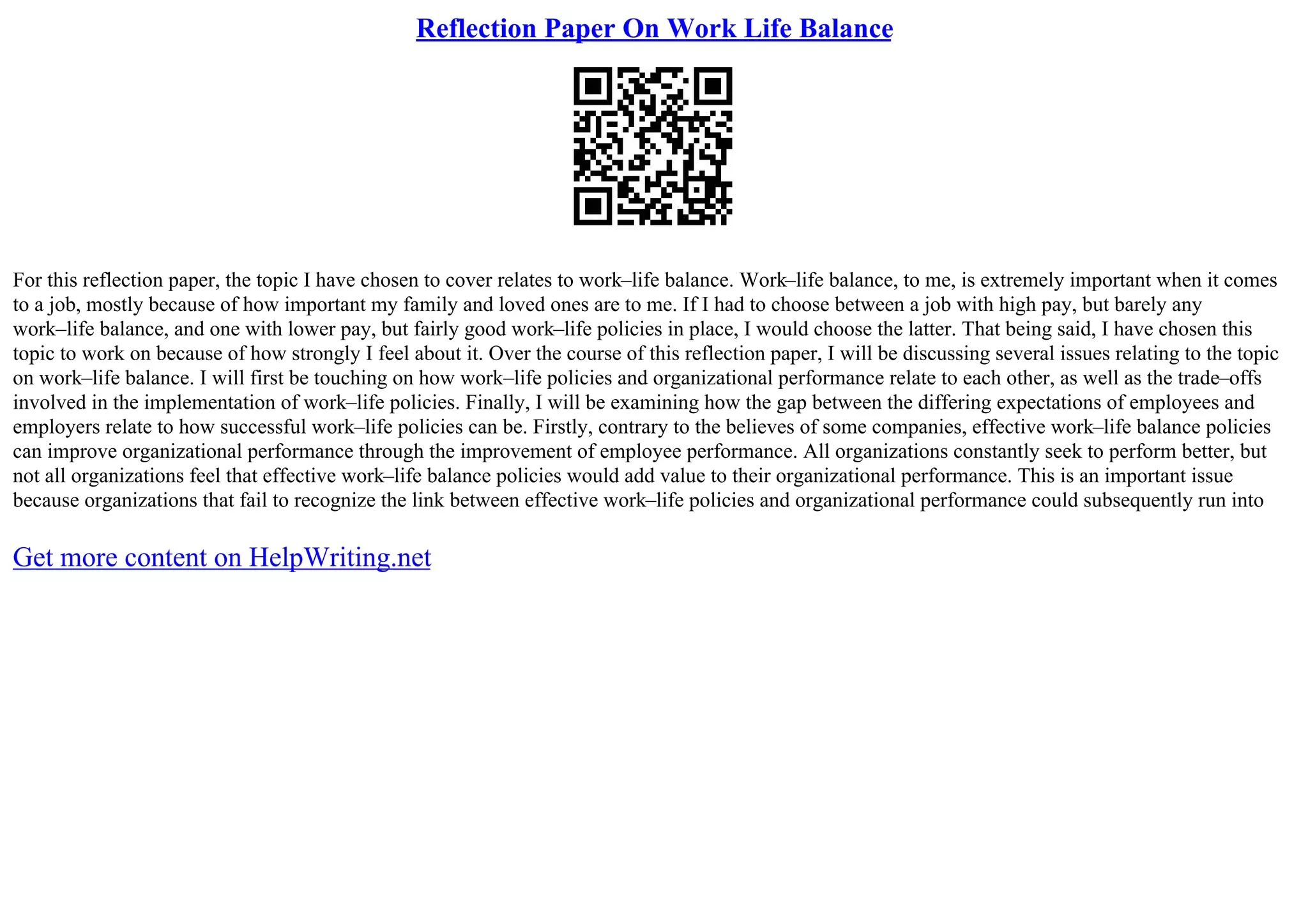 Reflection Paper On Work Life Balance | PDF