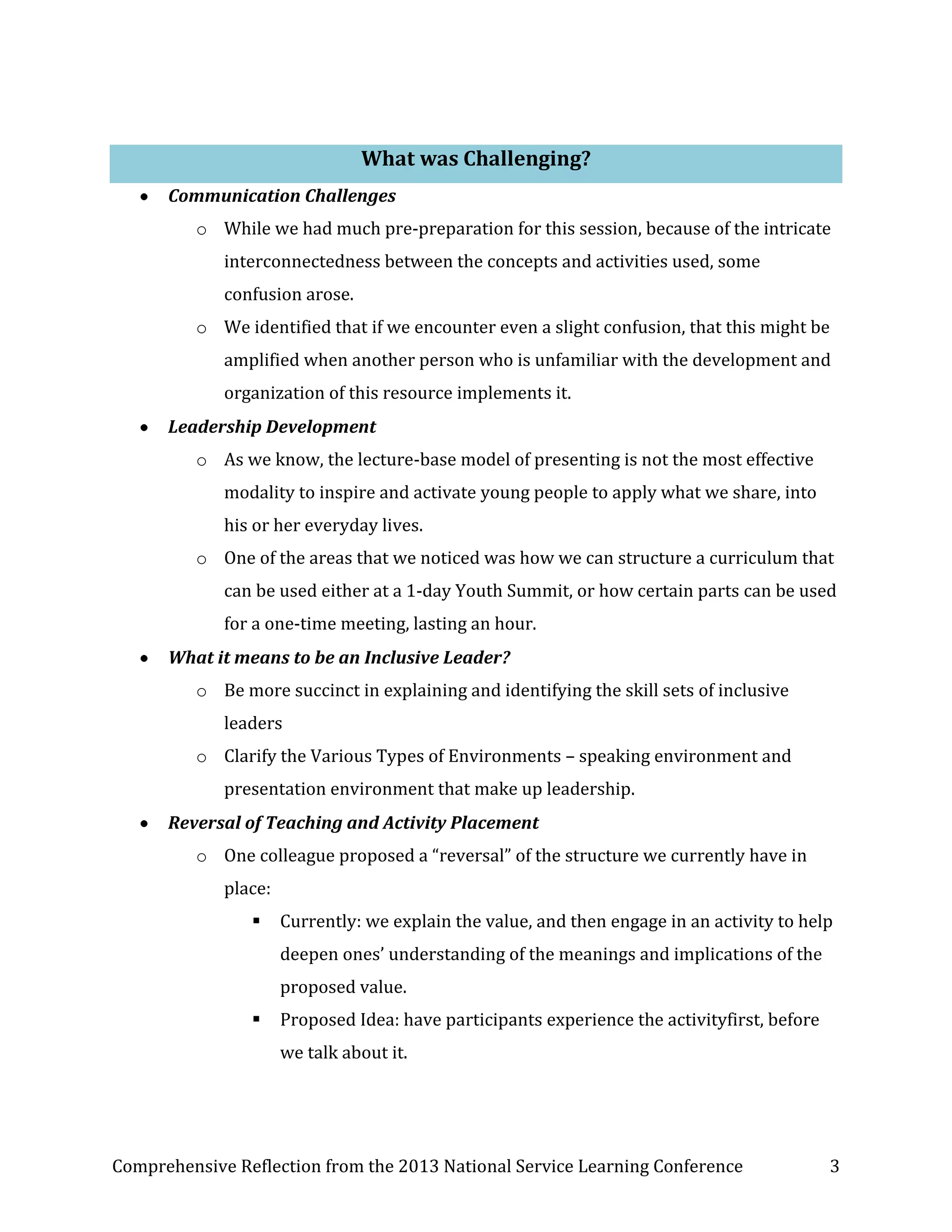 Reflection Resource from the 2013 National Service Learning Conference ...