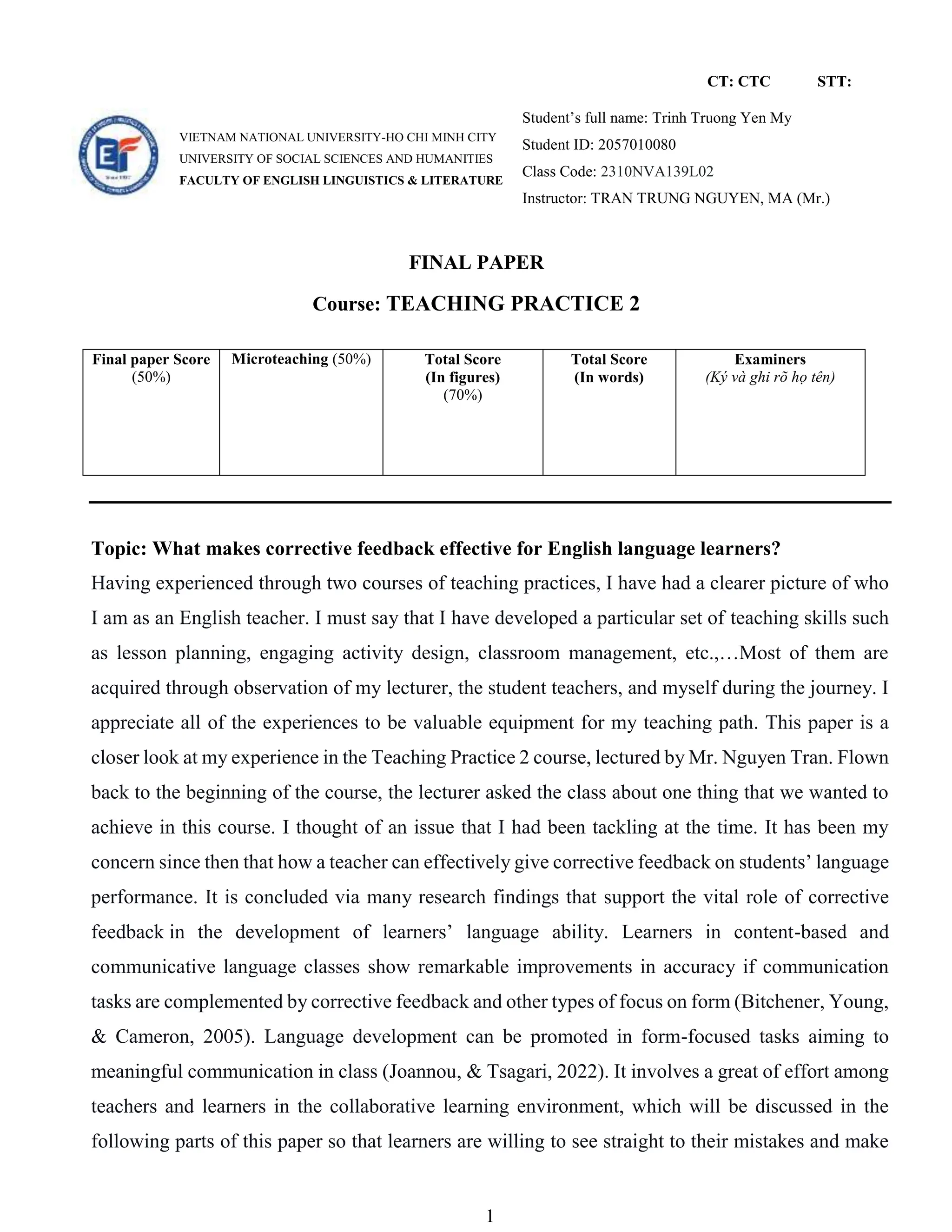 Reflection paper for teaching practice course | DOCX