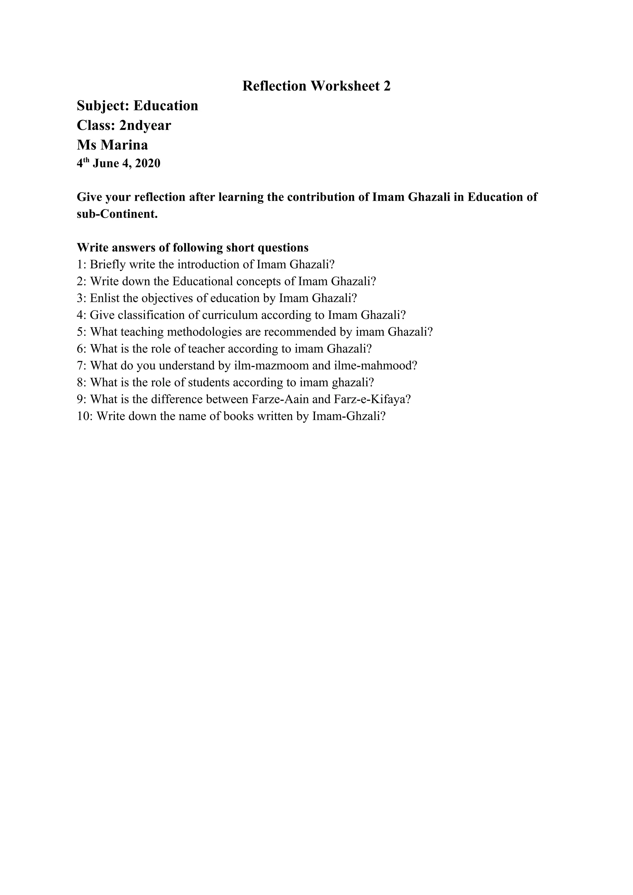 Reflection worksheet 2 | PDF