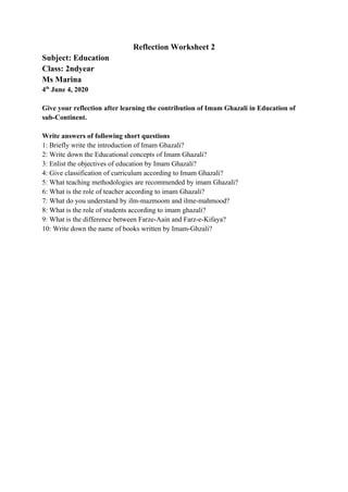 Reflection worksheet 2 | PDF