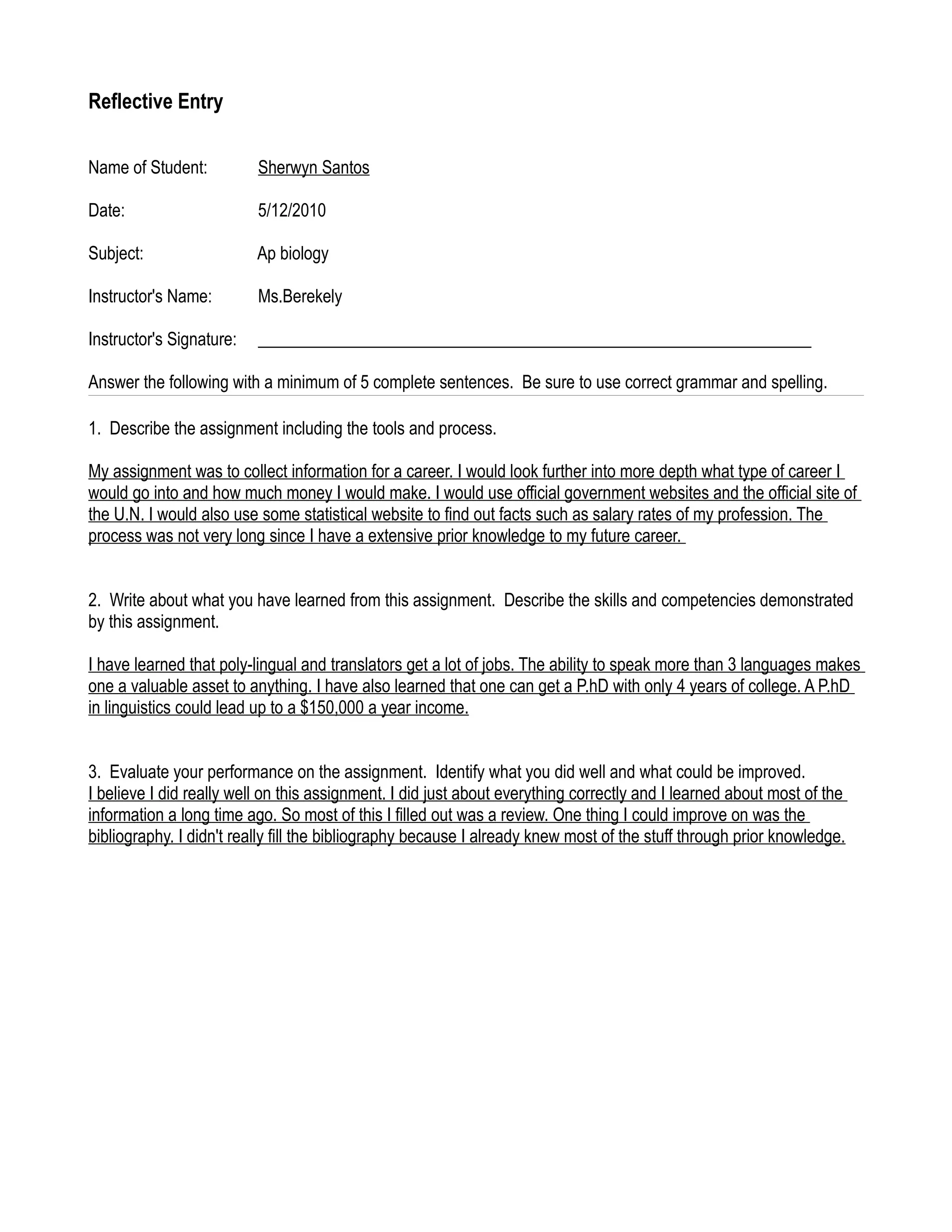 Reflective entry | ODT | Educational Assessment | Education