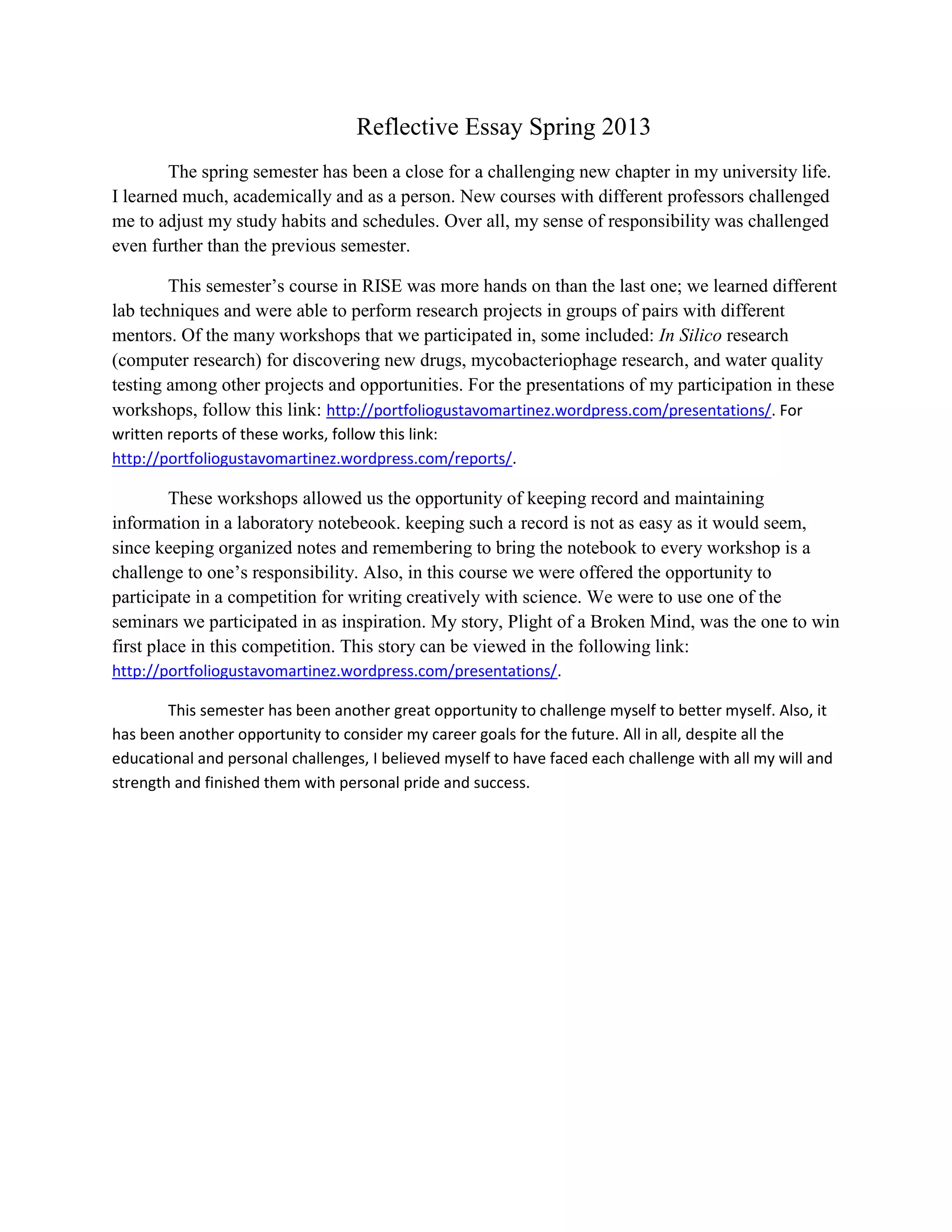 Reflective essay spring 2013 | PDF