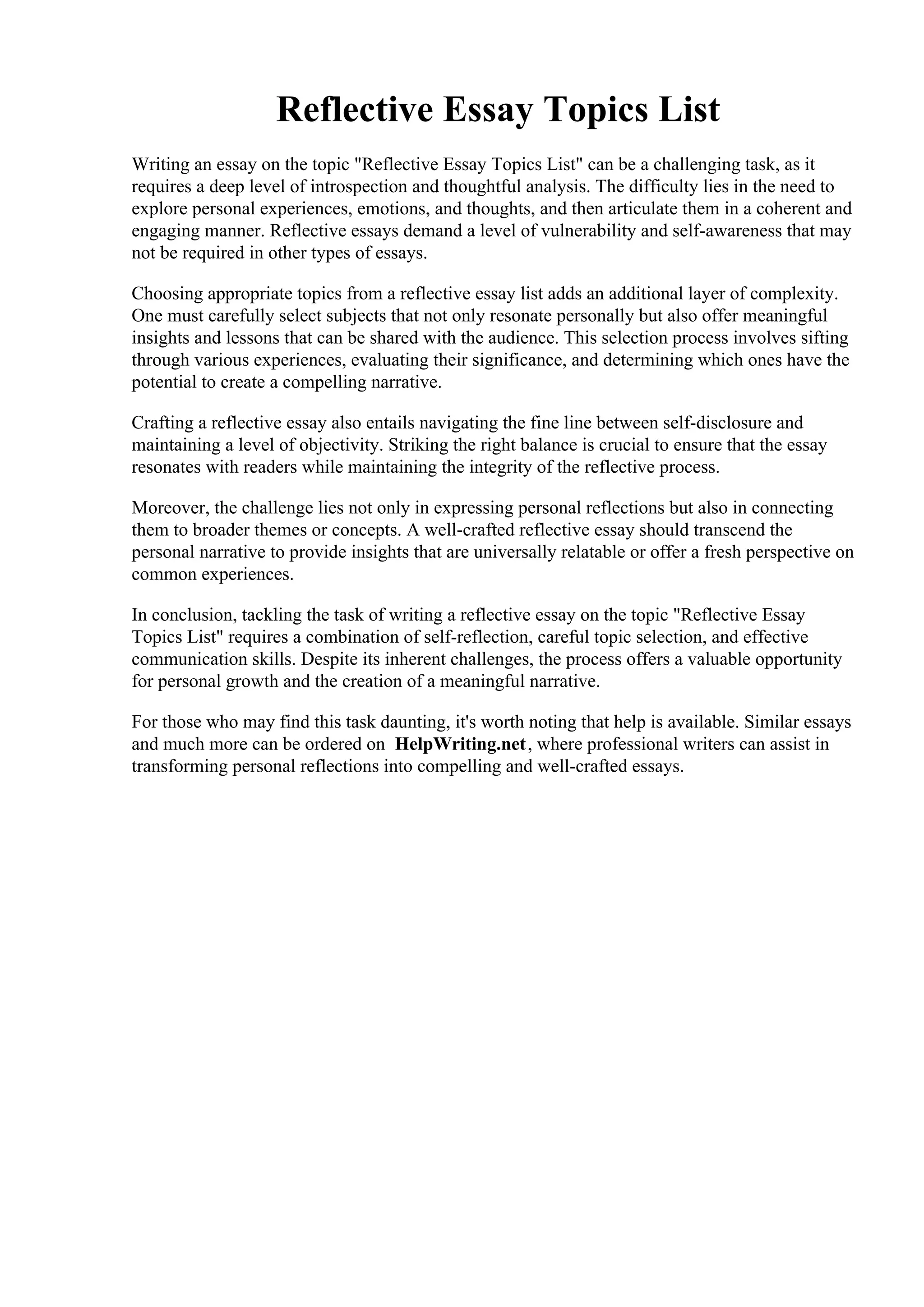 Reflective Essay Topics List | PDF