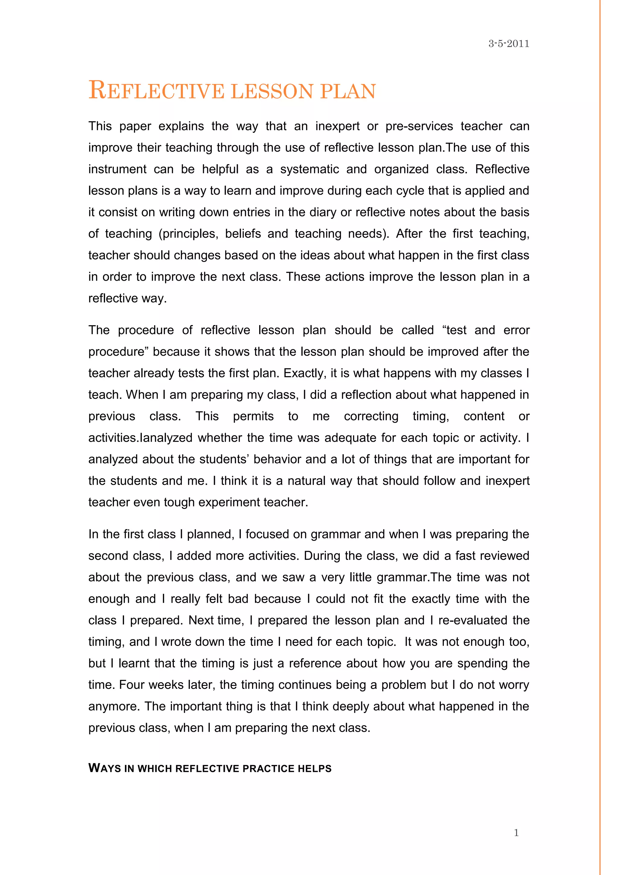 Reflective lesson plan | DOCX