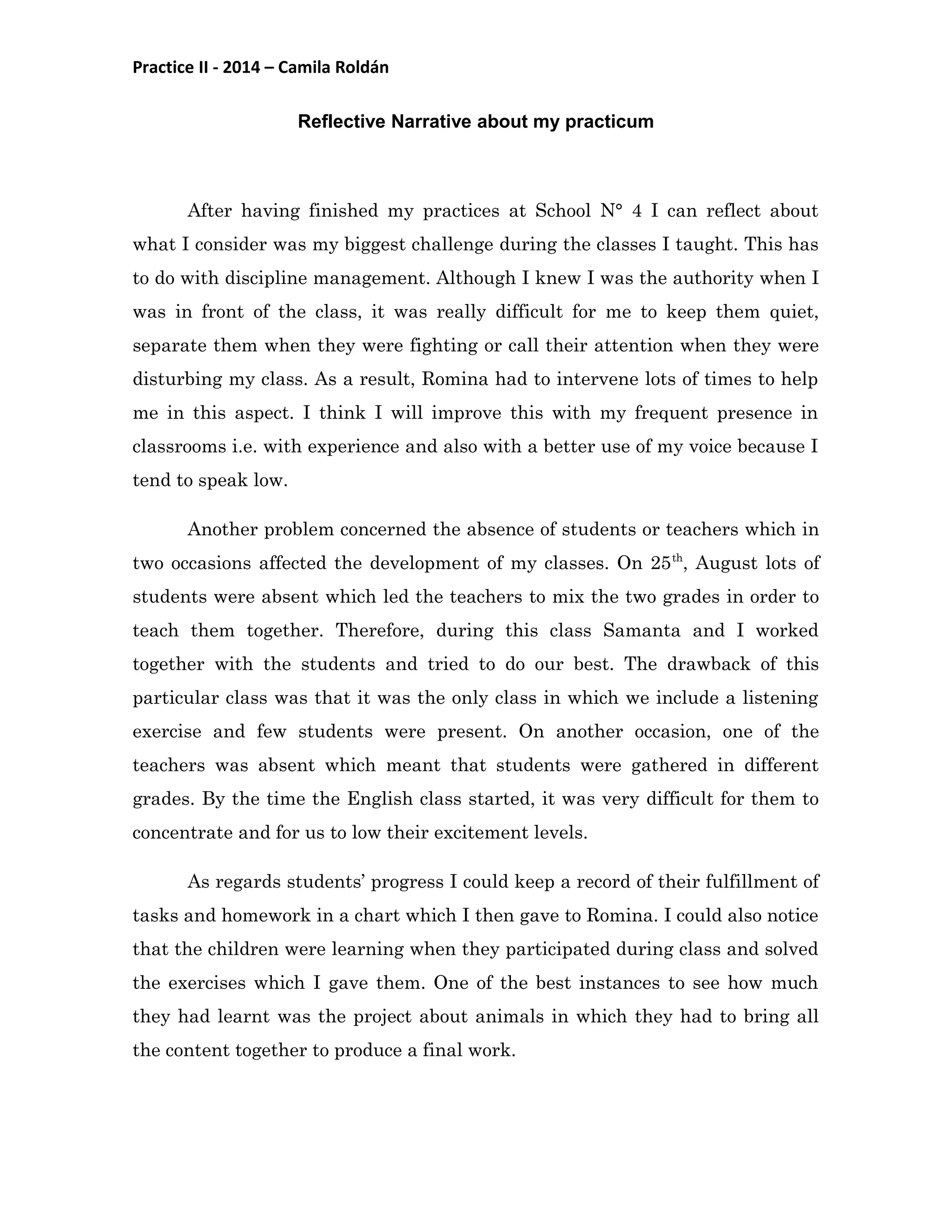 Reflective narrative about my practicum | DOC