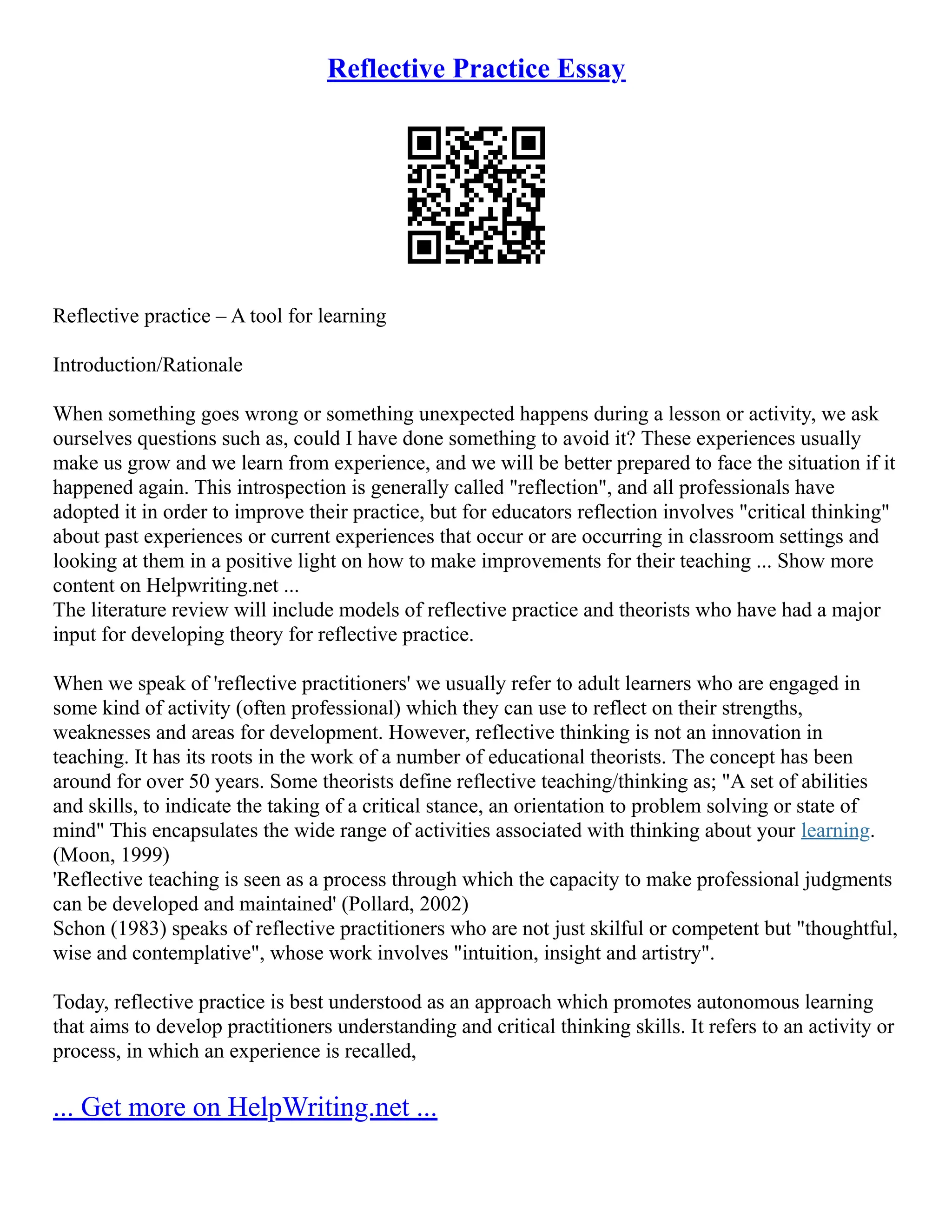 Reflective Practice Essay | PDF