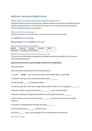 Reflective pronouns english lesson | PDF