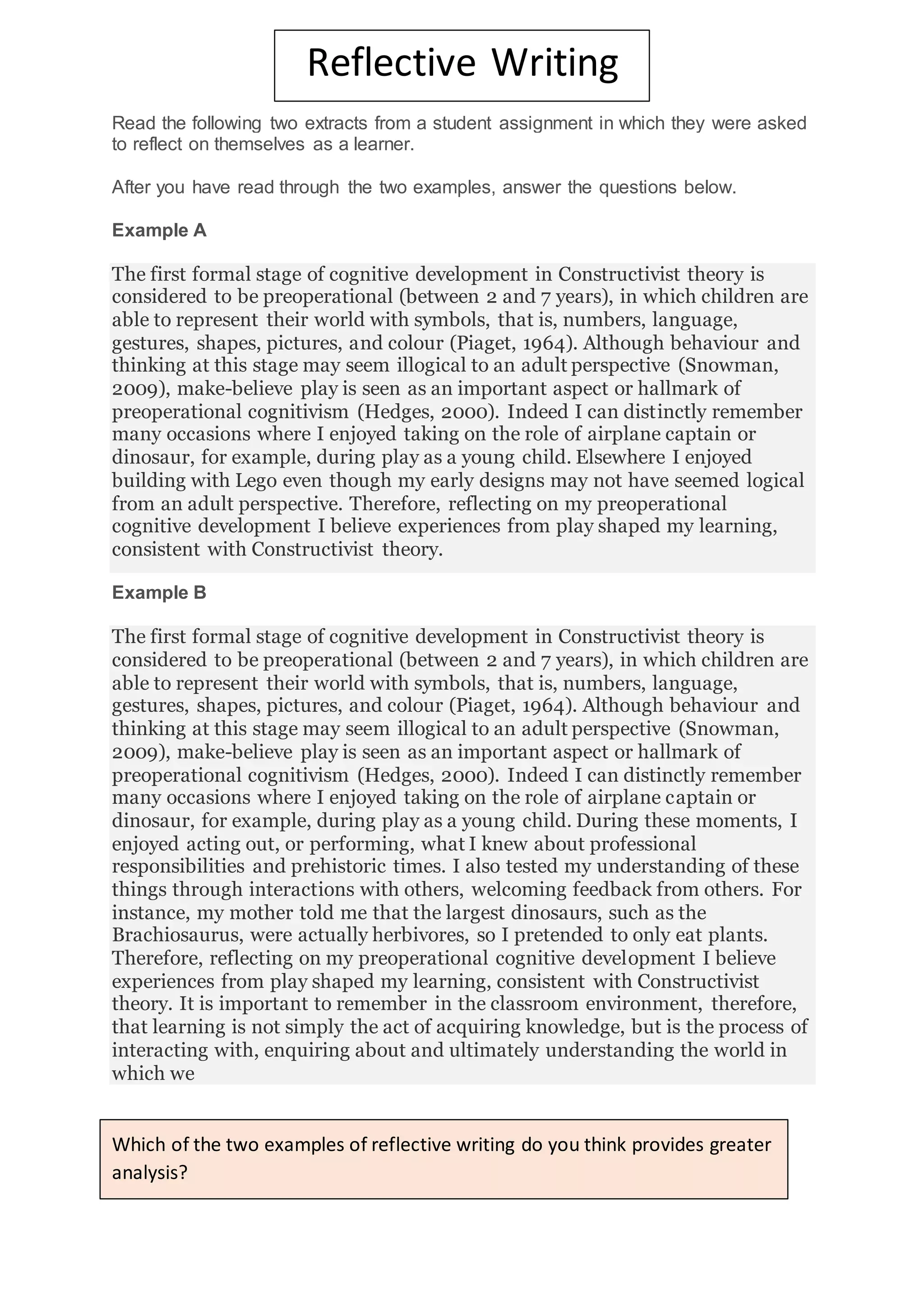 Reflective writing worksheet | PDF