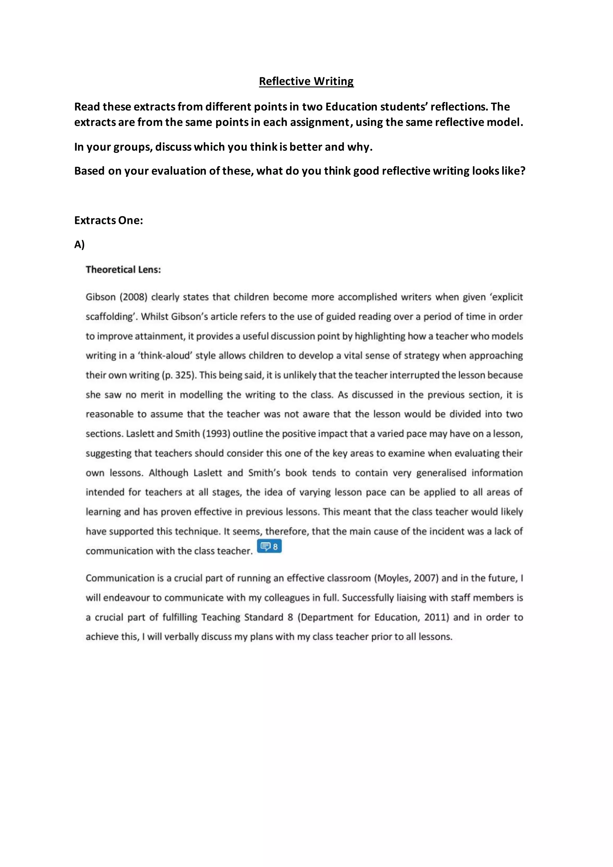 Reflective writing worksheet | DOCX