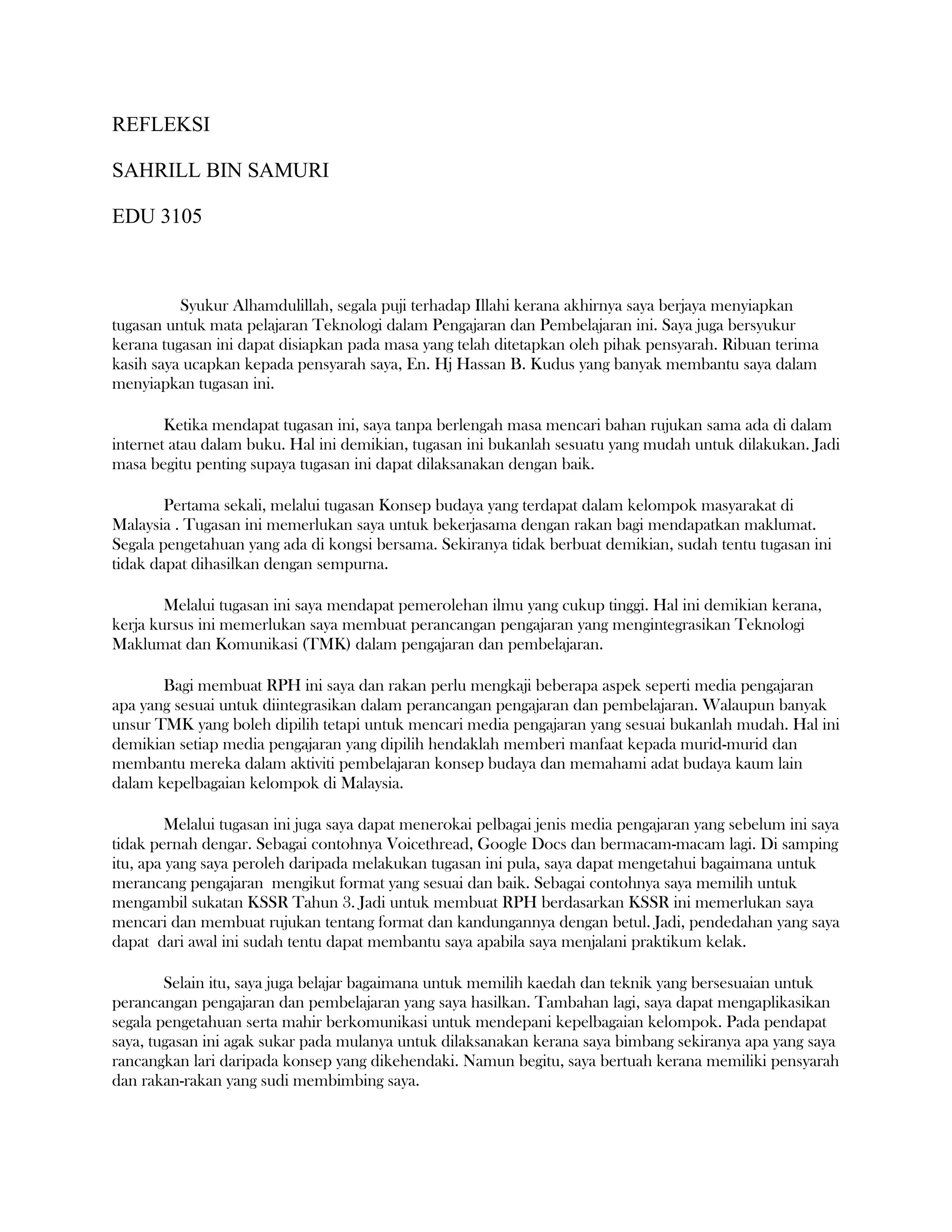 Refleksi edu 3105 | DOCX