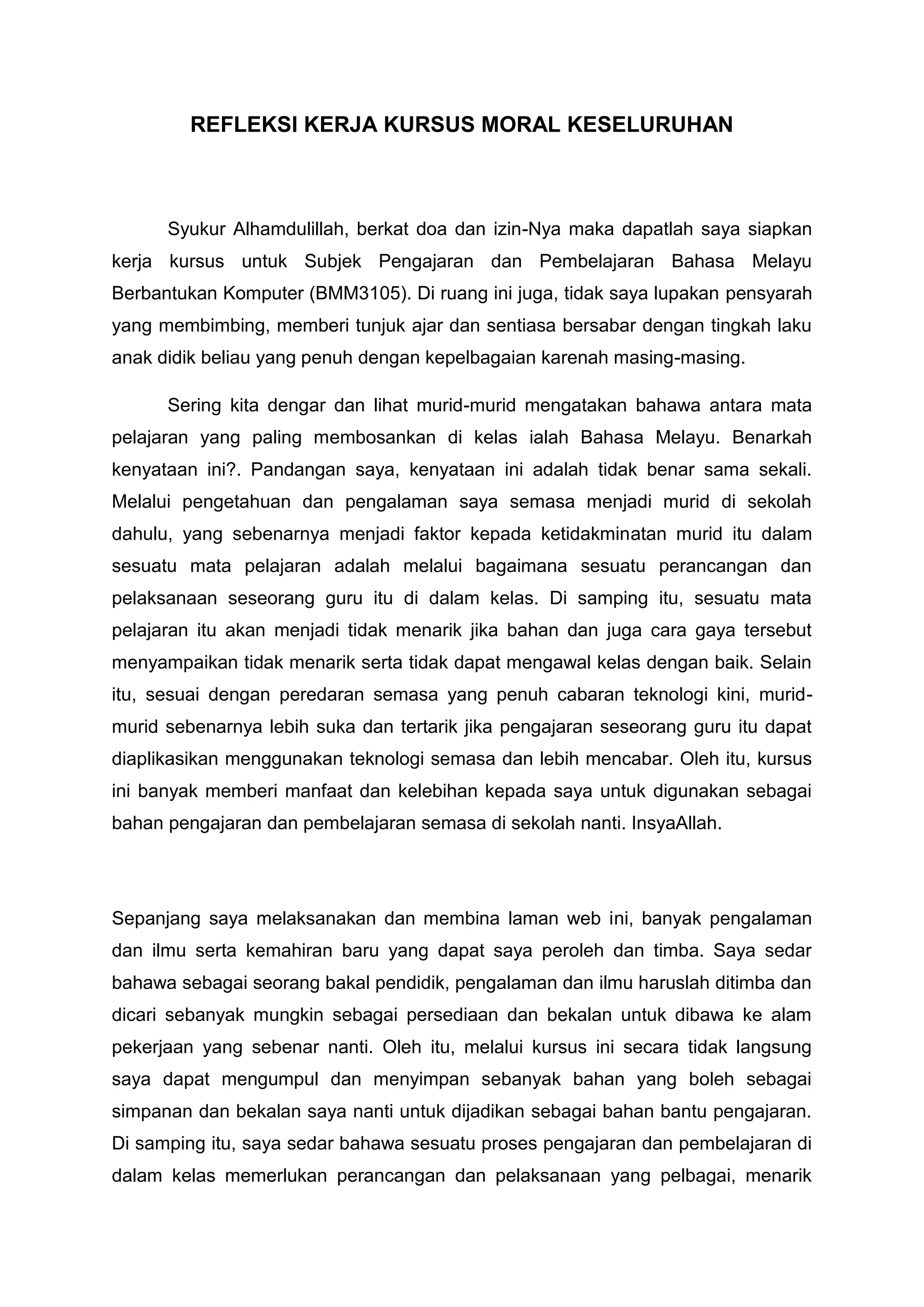 Refleksi kerja kursus moral keseluruhan | DOCX