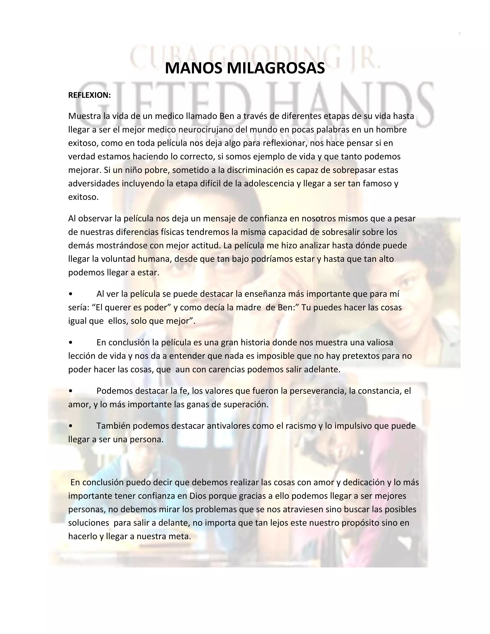 Reflexion de la pelicula manos milagrosas | DOCX