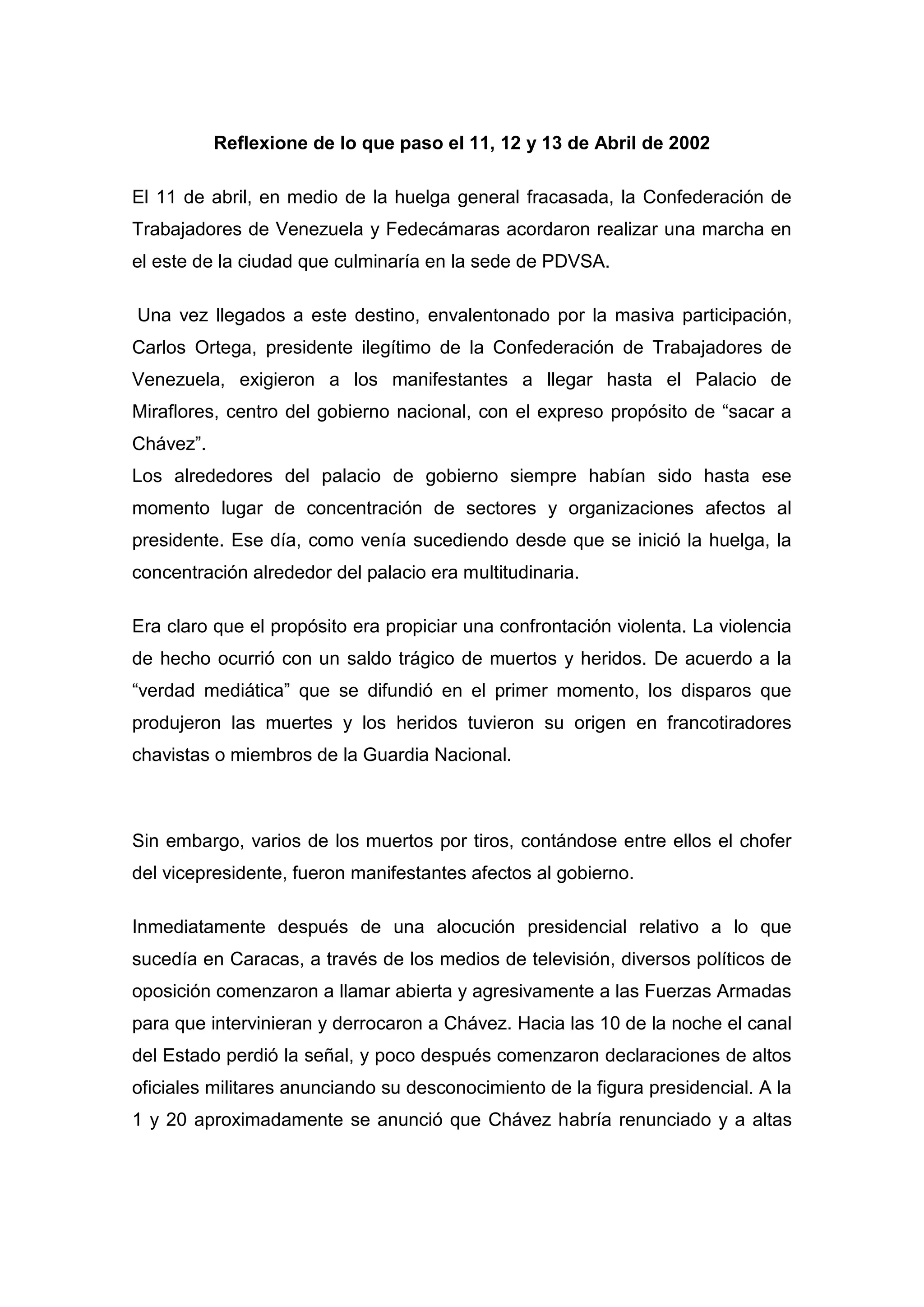 Reflexione De Lo Que Paso El 11, 12 Y 13 De Abril De 2002 | PDF