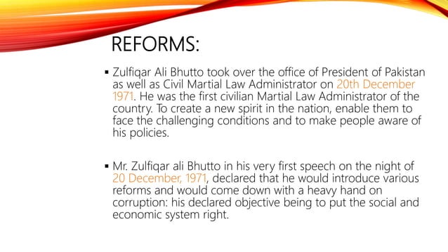 Political social and economic Reforms of zulfiqar Ali bhutto | PPTX ...