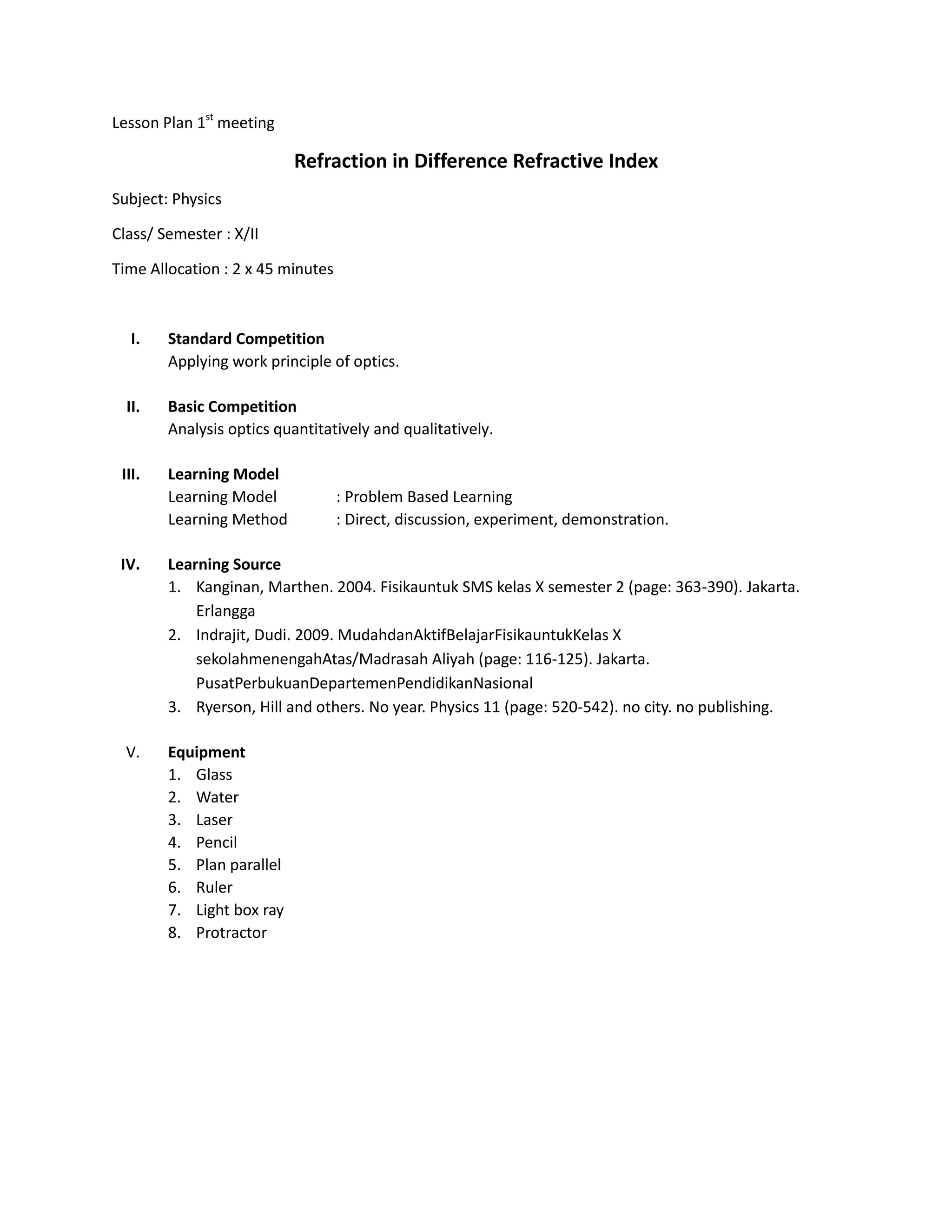 Lesson Plan - Refraction in difference medium1st | DOCX