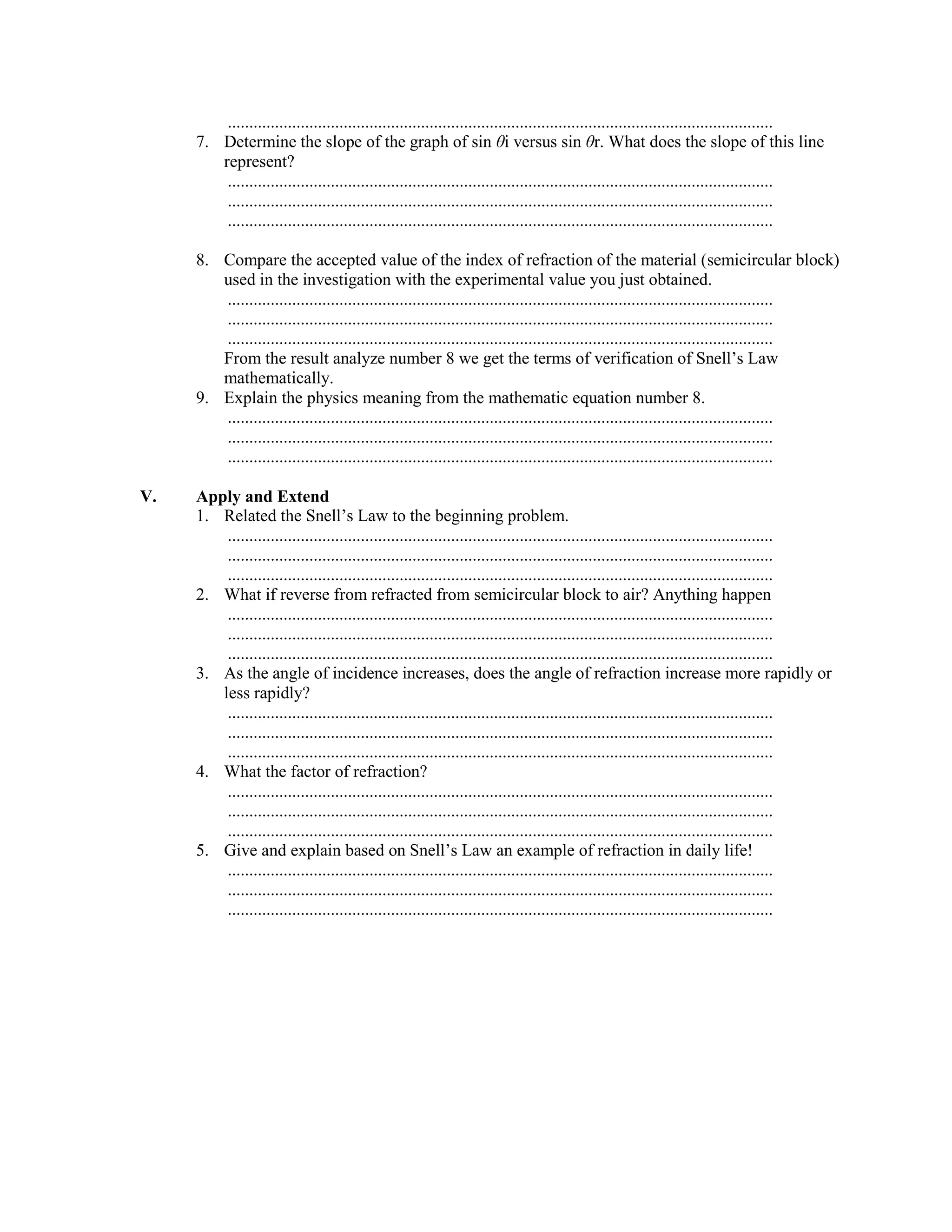 Worksheet - Refraction in difference medium | PDF