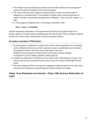 Refraction of light law of refraction - class 10 | PDF