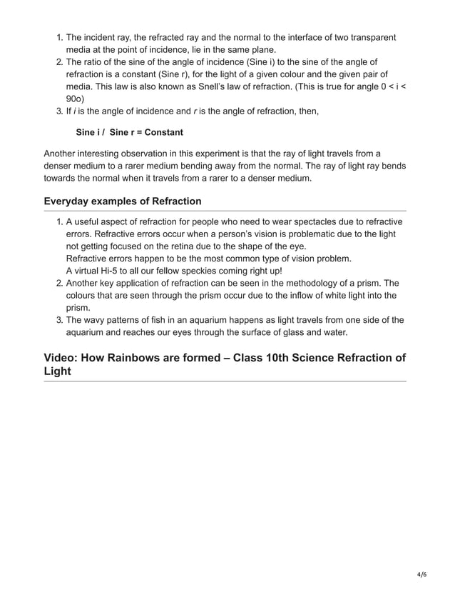 Refraction of light law of refraction - class 10 | PDF