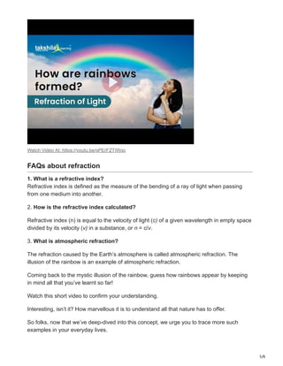 Refraction of light law of refraction - class 10 | PDF