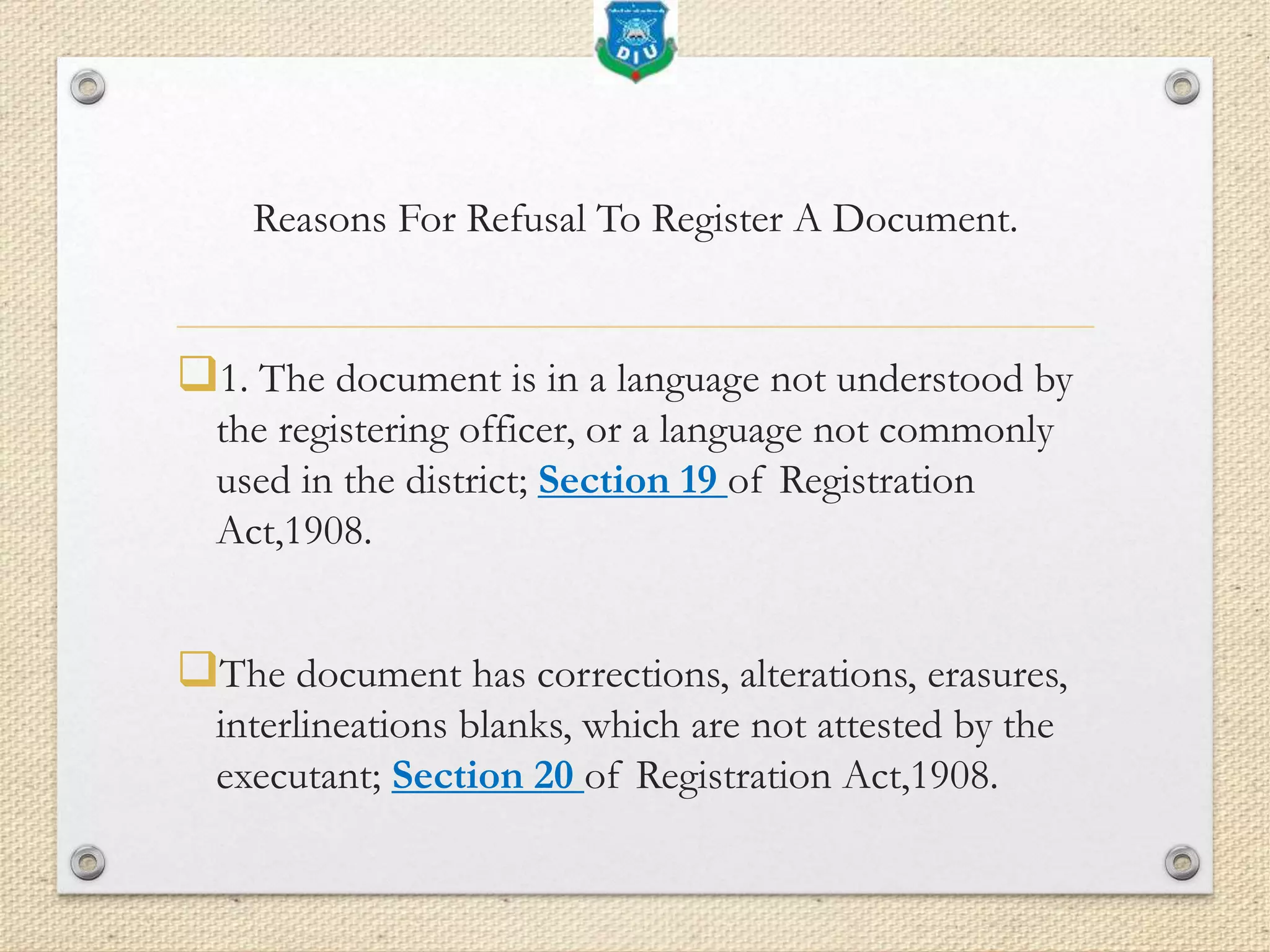 Refusal of registration under bnagladesh registration act,1908 | PPTX