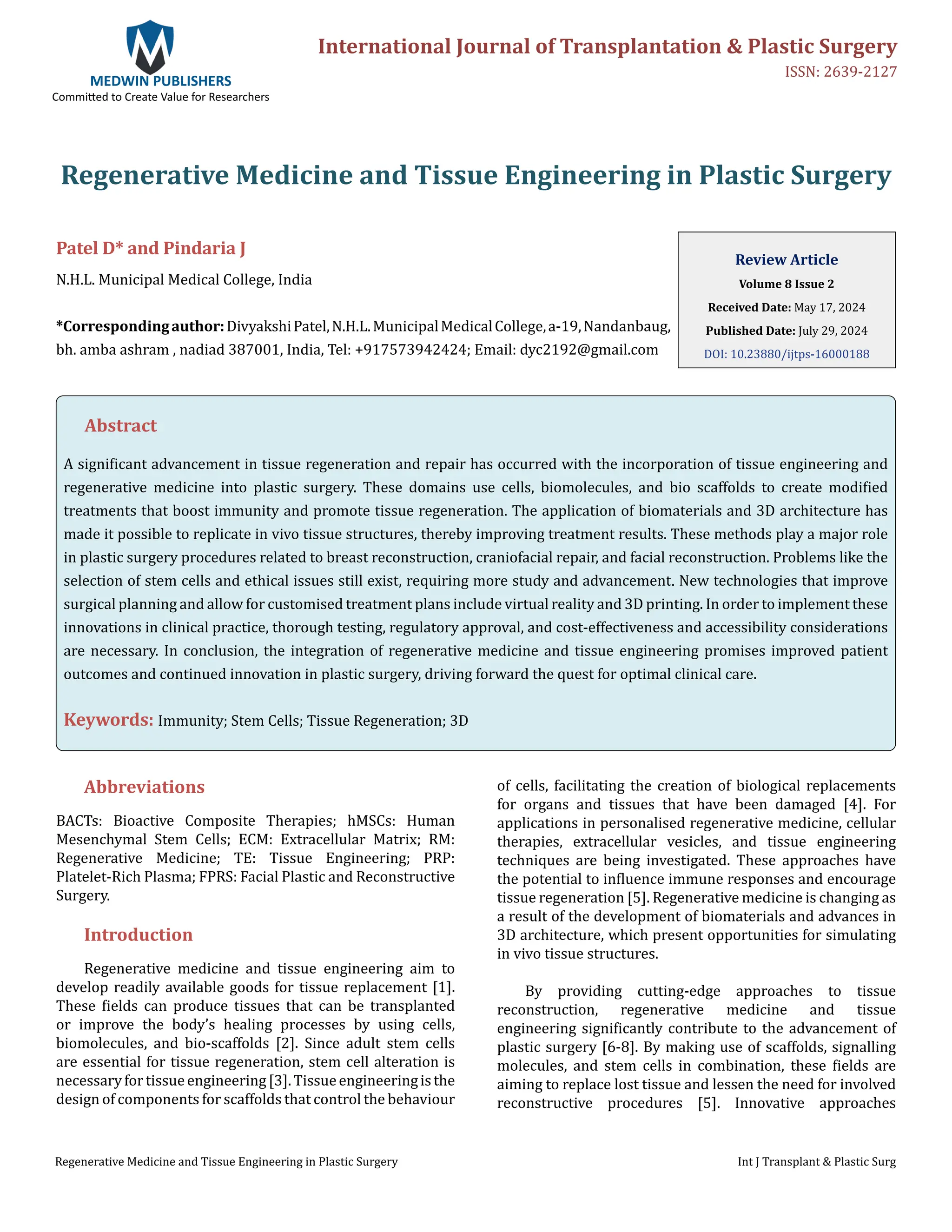 Regenerative Medicine and Tissue Engineering in Plastic Surgery | PDF