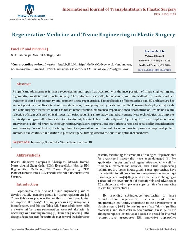 Regenerative Medicine and Tissue Engineering in Plastic Surgery | PDF