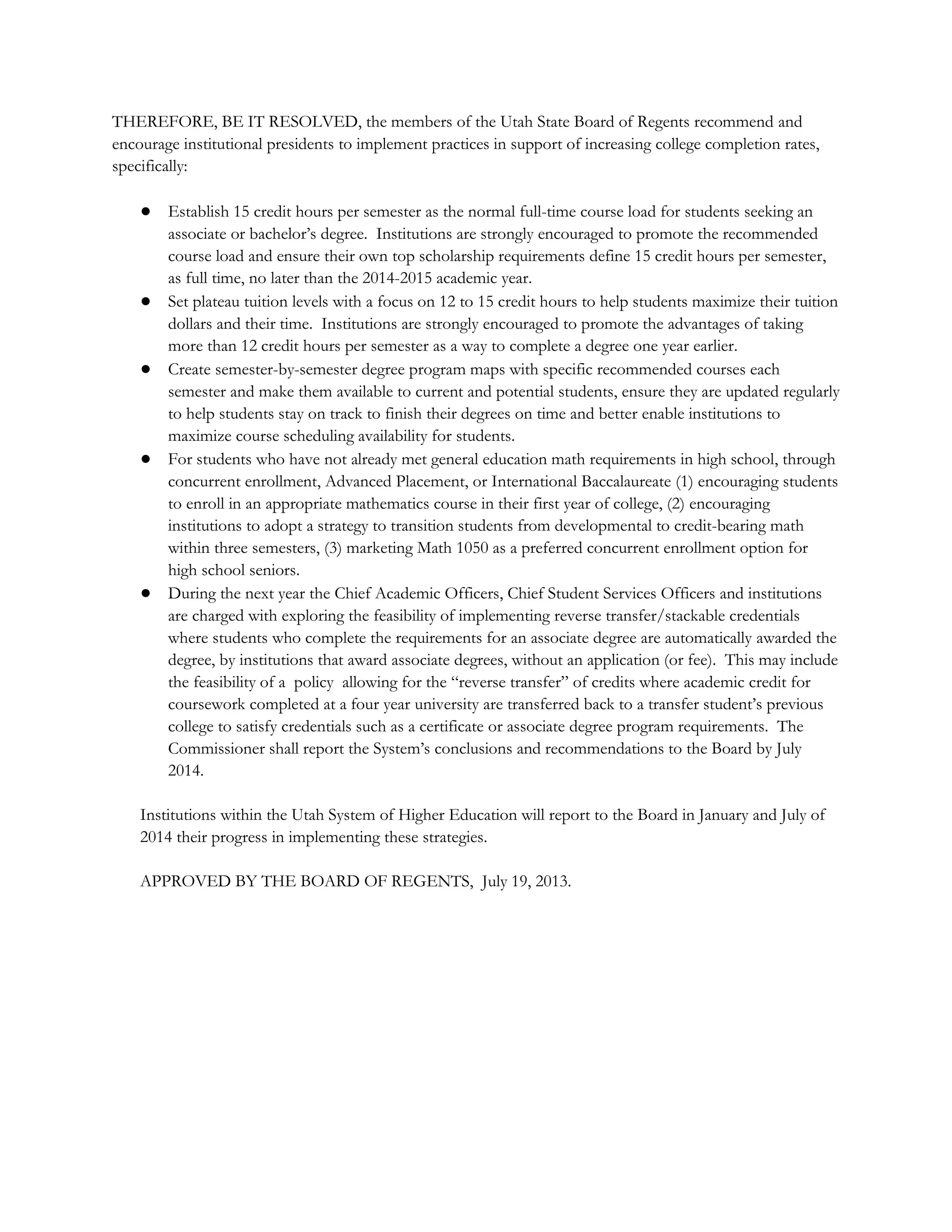 Board of Regents Resolution Regarding Student Degree/Certificate ...