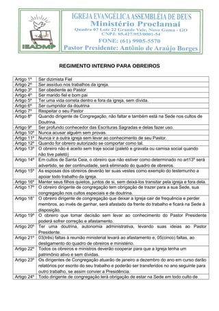 Regimento interno obreiros | DOC