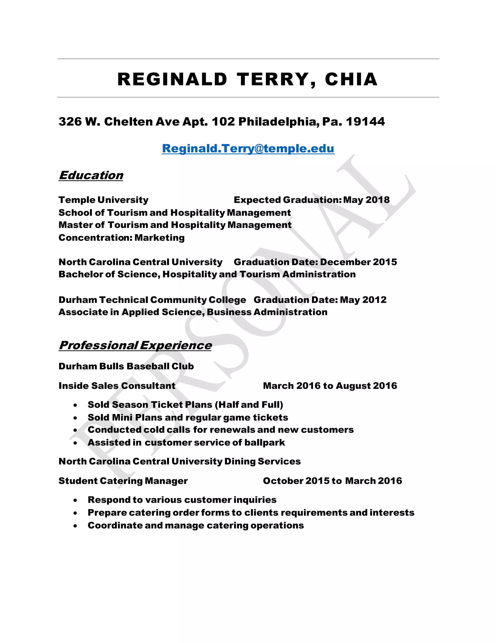 Reginald terry resume temple | DOCX