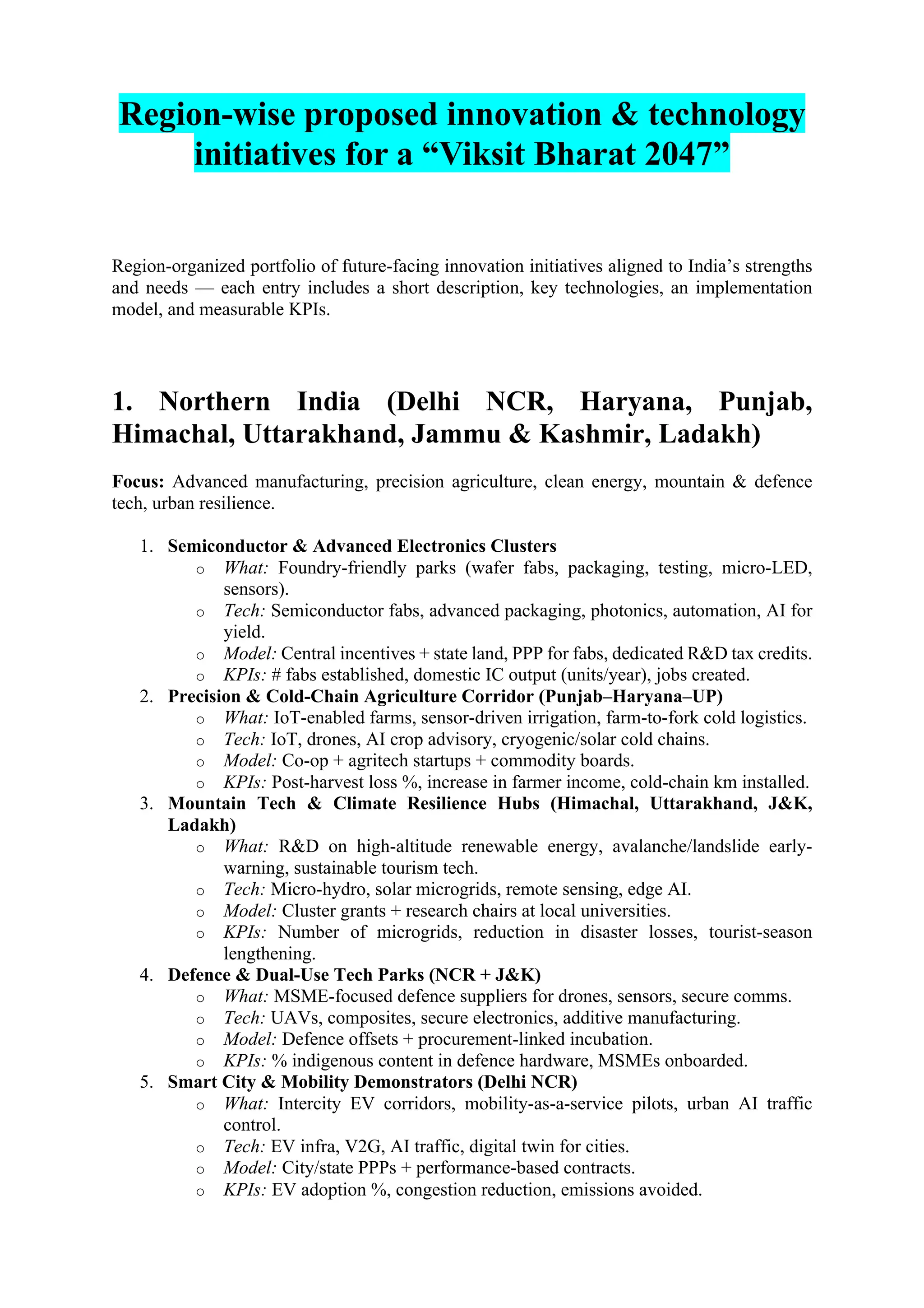 Region-wise proposed innovation & technology initiatives for a “Viksit ...