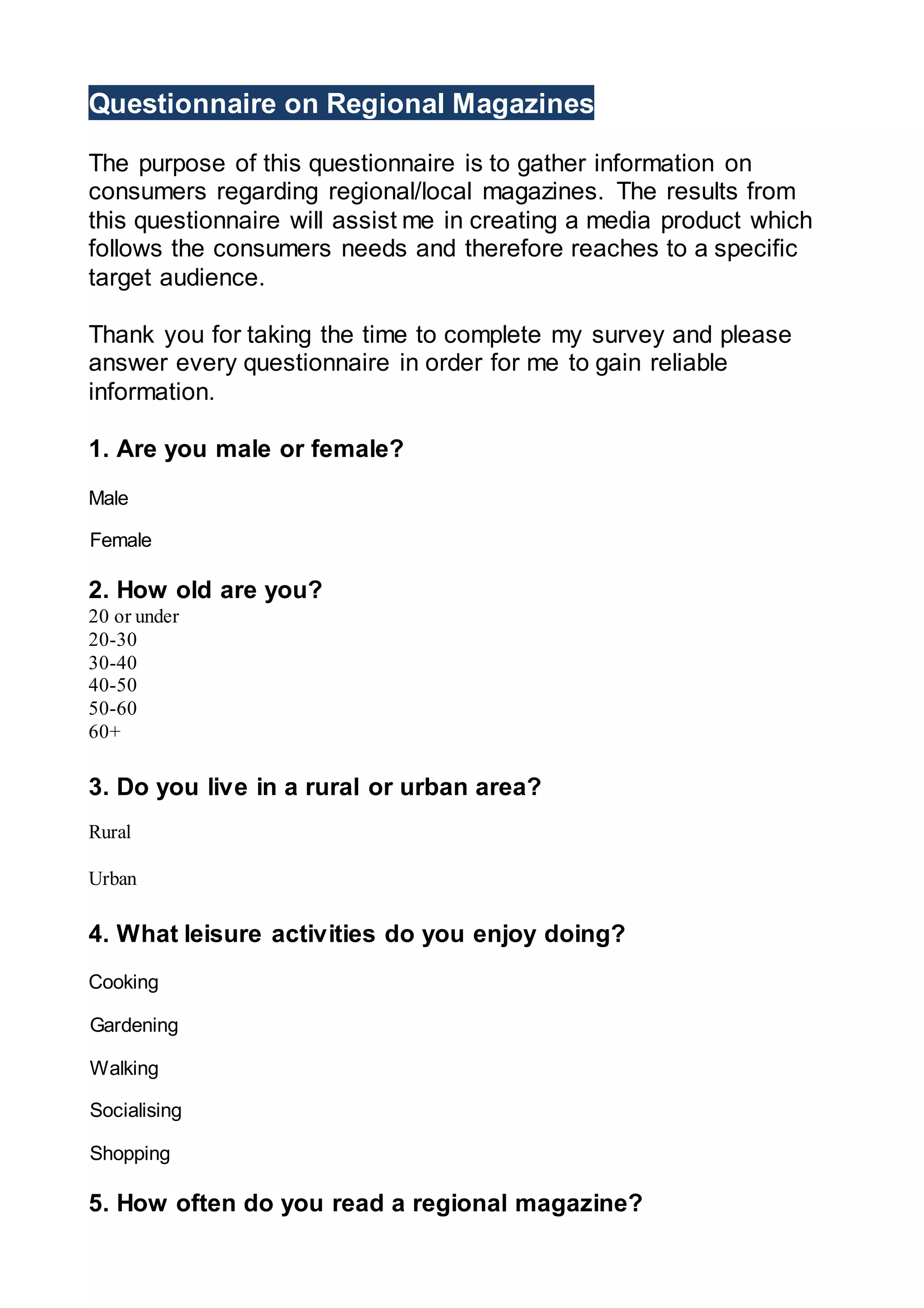 Regional magazine Questionnaire | DOCX