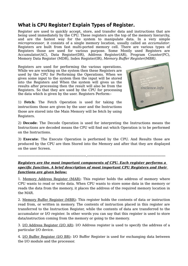 What is CPU Register? Type of CPU Register. | PDF
