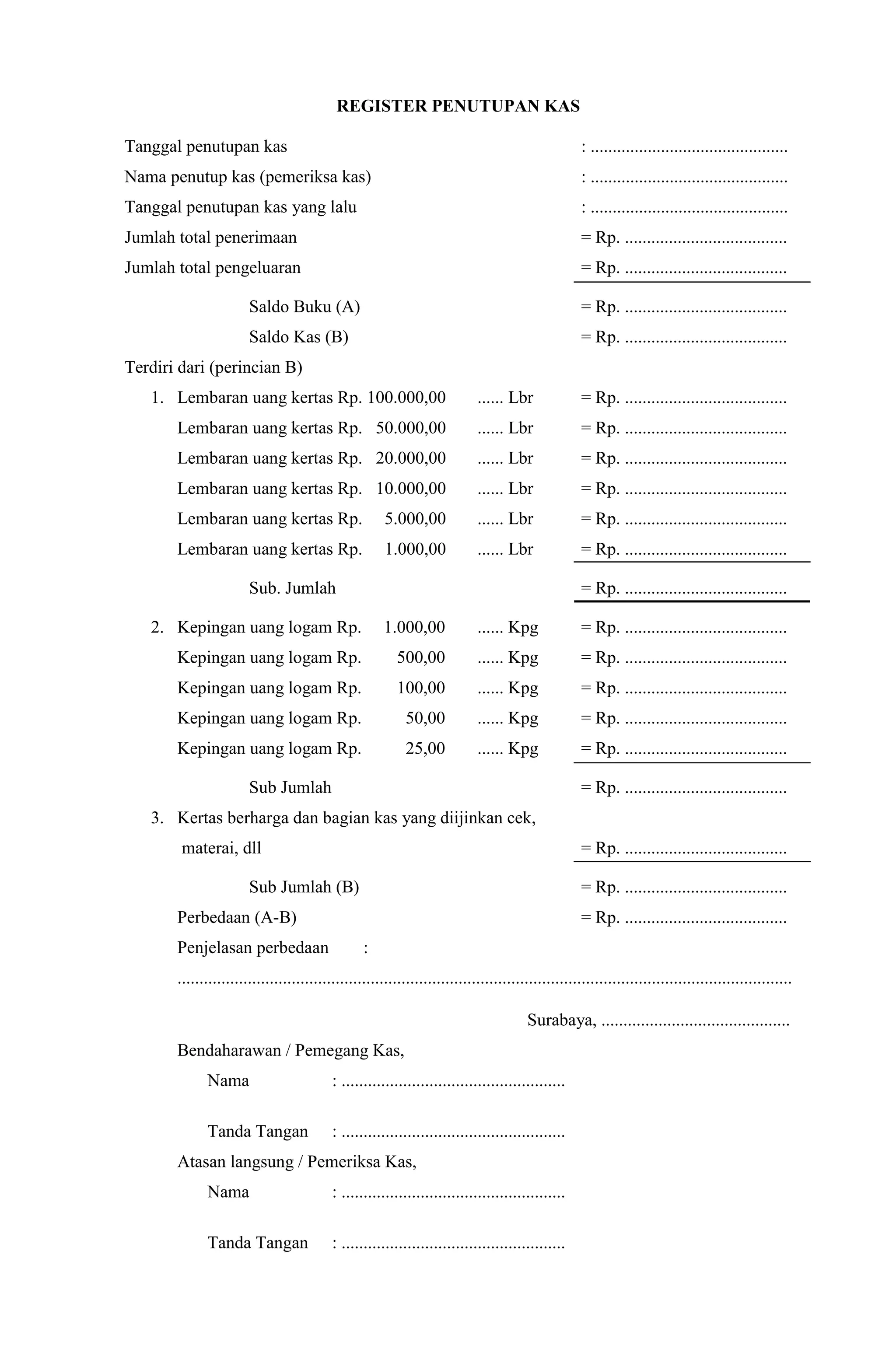 Register penutupan kas | DOCX