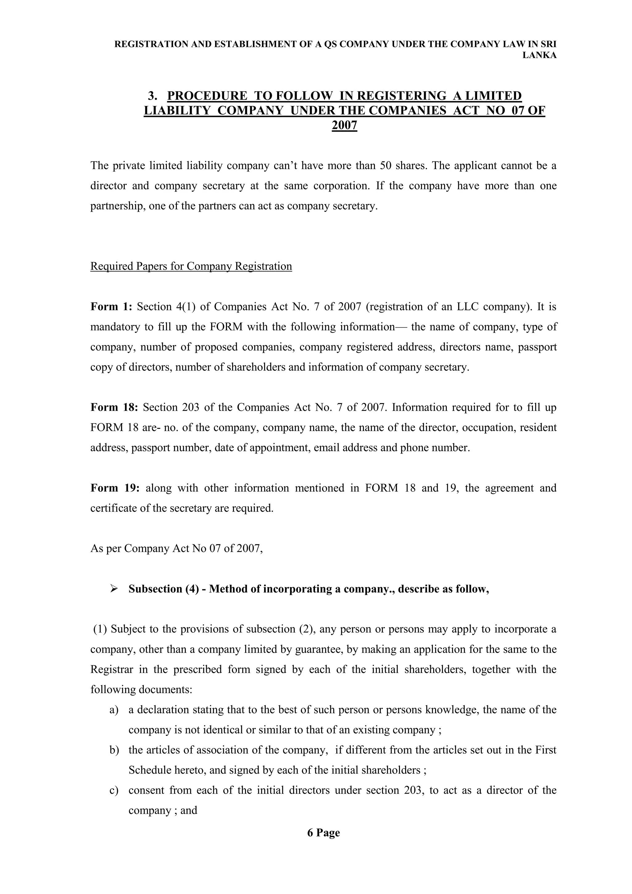 Registration and establishment of qs company in sri lanka | PDF