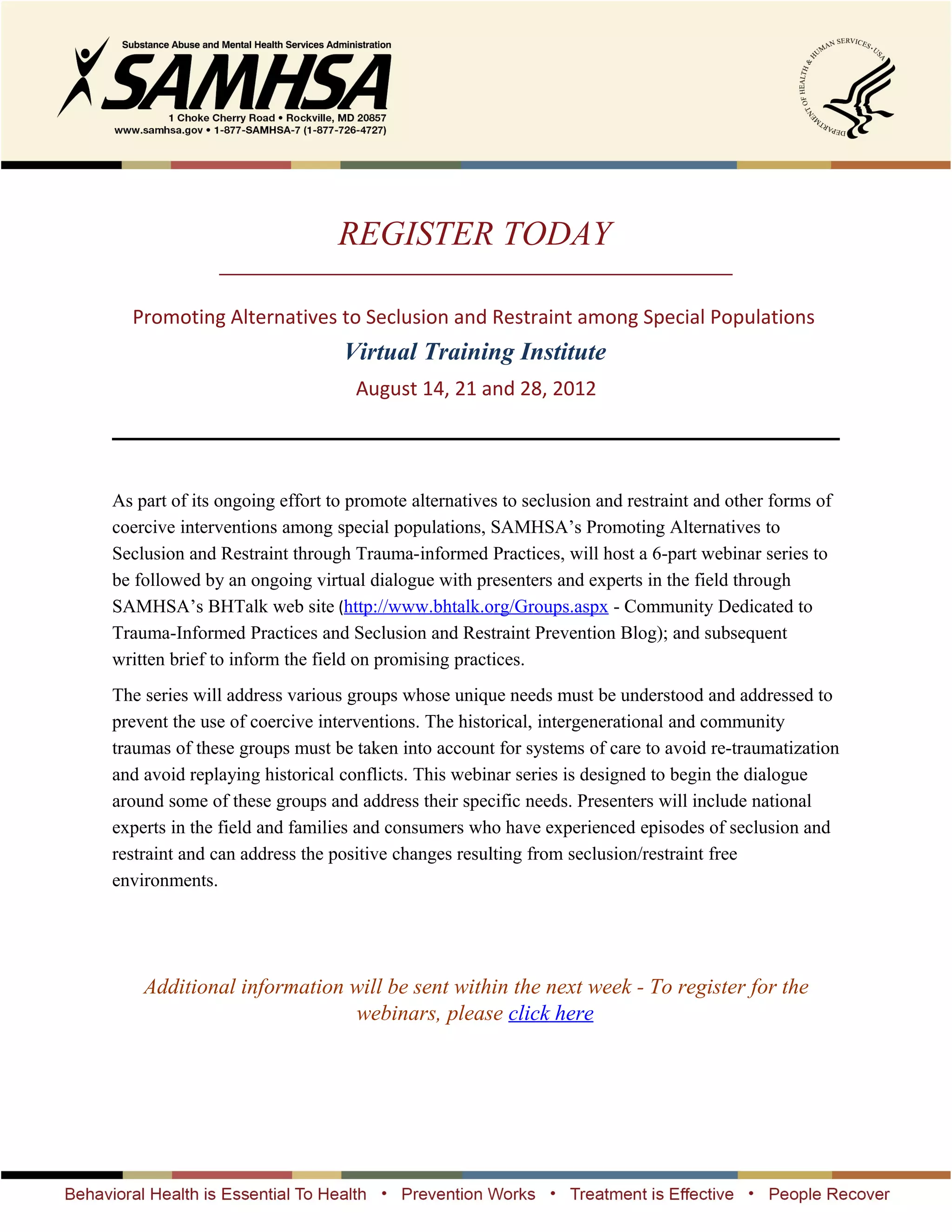 SAMHSA webinar series on Promoting Alternatives to Seclusion and ...